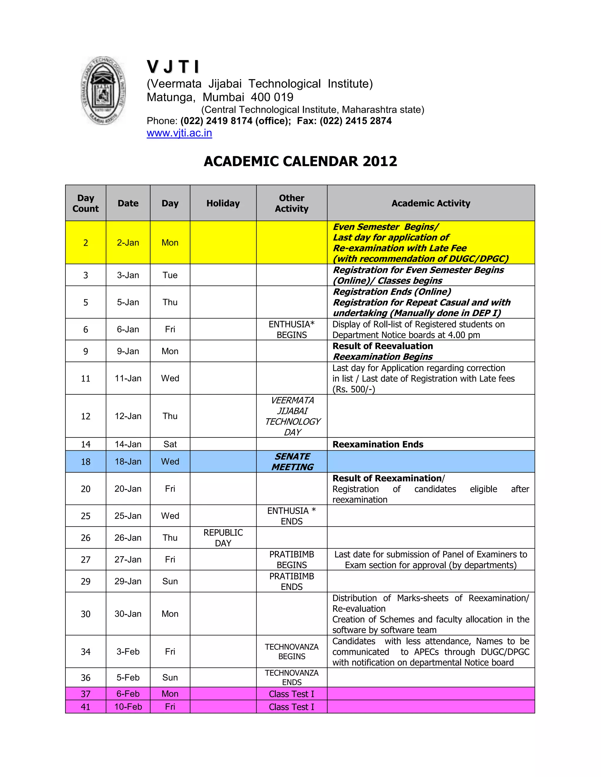 Academic calendar 2012 | PDF