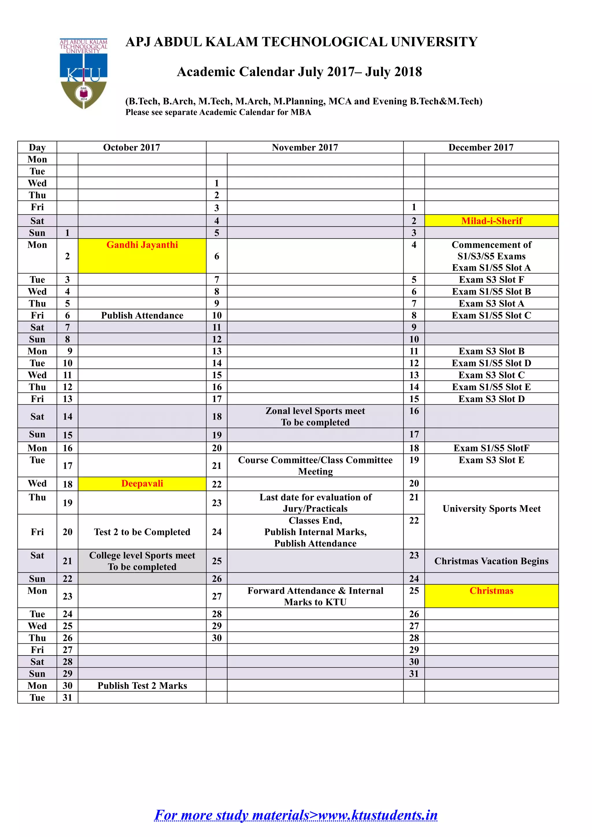 KTU Academic calendar 2017-18 | PDF
