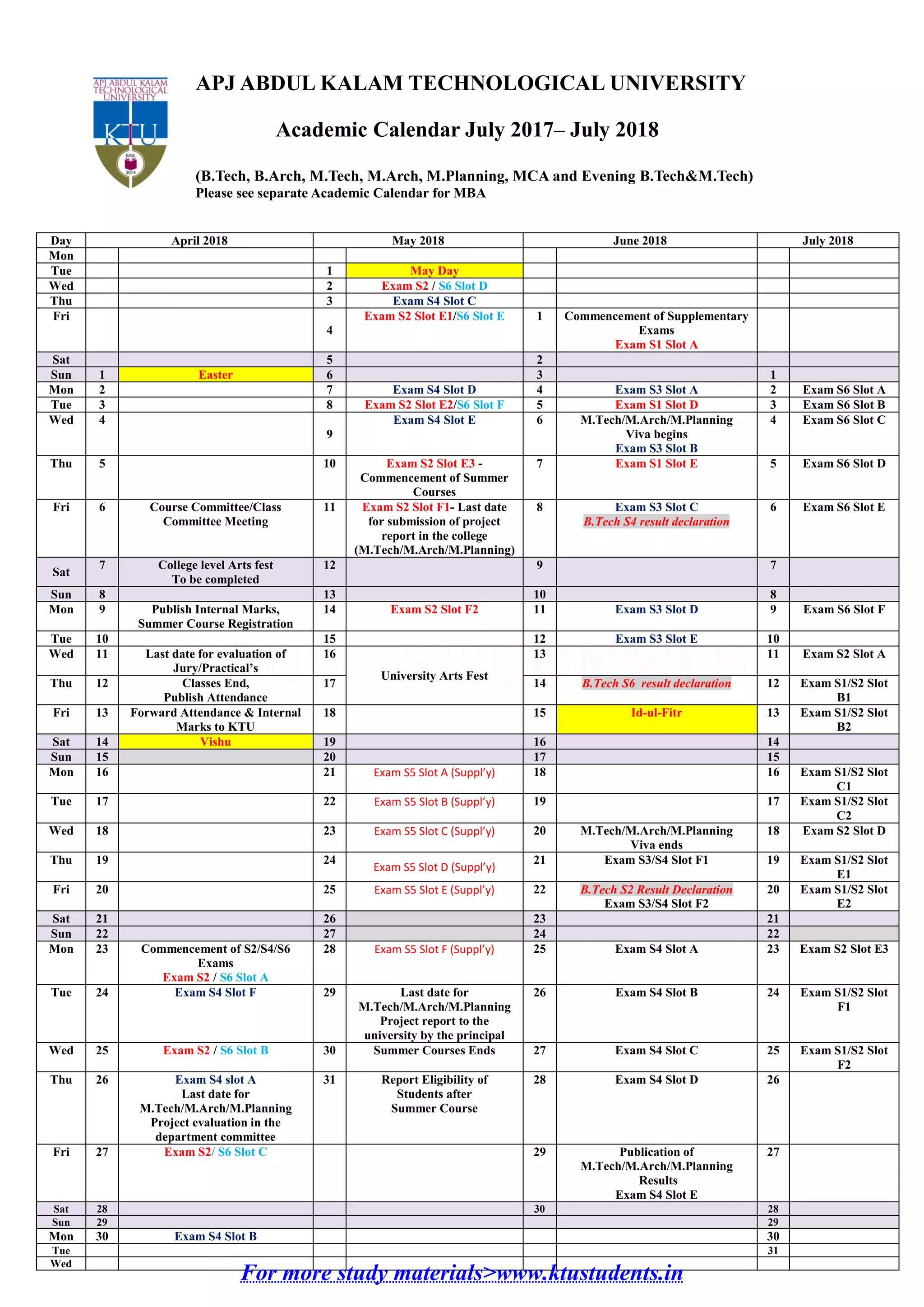 KTU Academic calendar 2017-18 | PDF