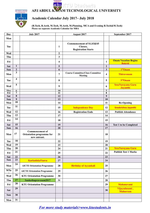 KTU Academic calendar 2017-18 | PDF