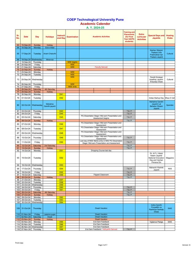 Academic Calendar 2024-25 of the college | PDF