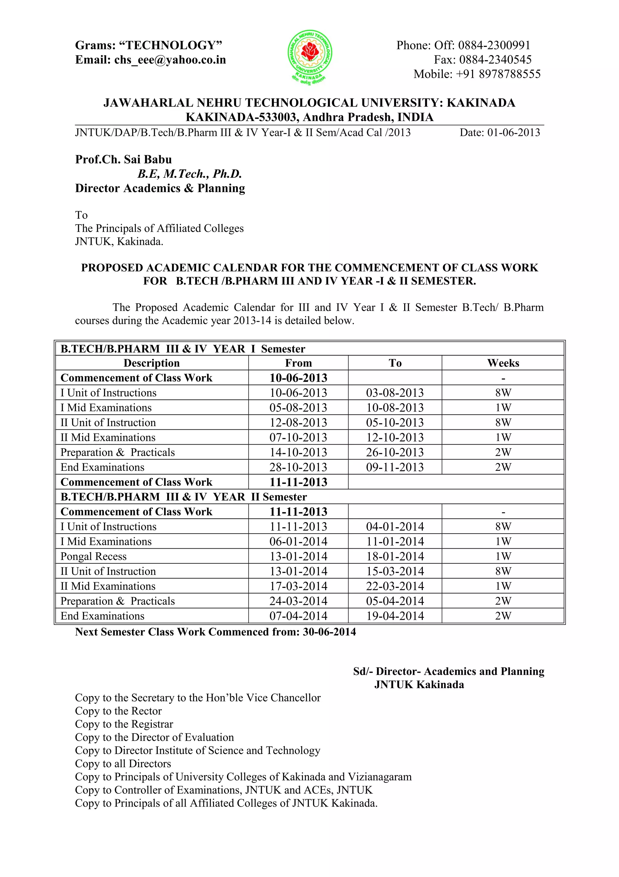 Academic calendar for iii and iv year i ii semester b.tech b.pharm ...