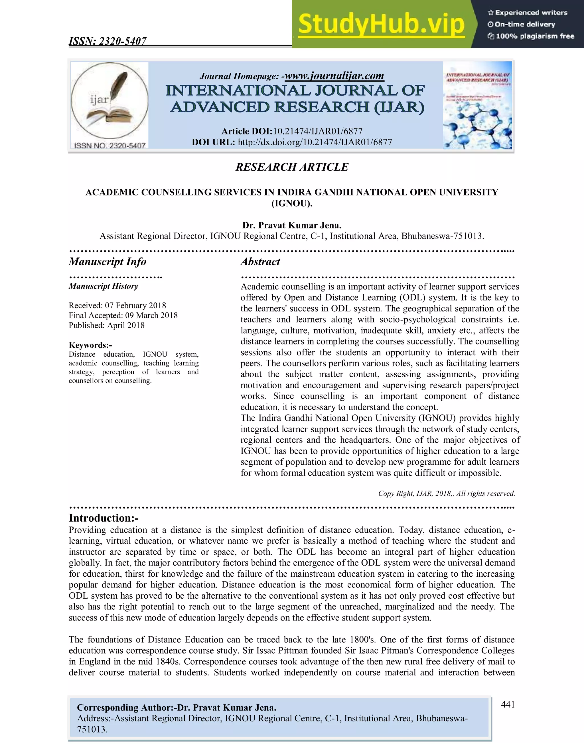 ACADEMIC COUNSELLING SERVICES IN INDIRA GANDHI NATIONAL OPEN UNIVERSITY ...