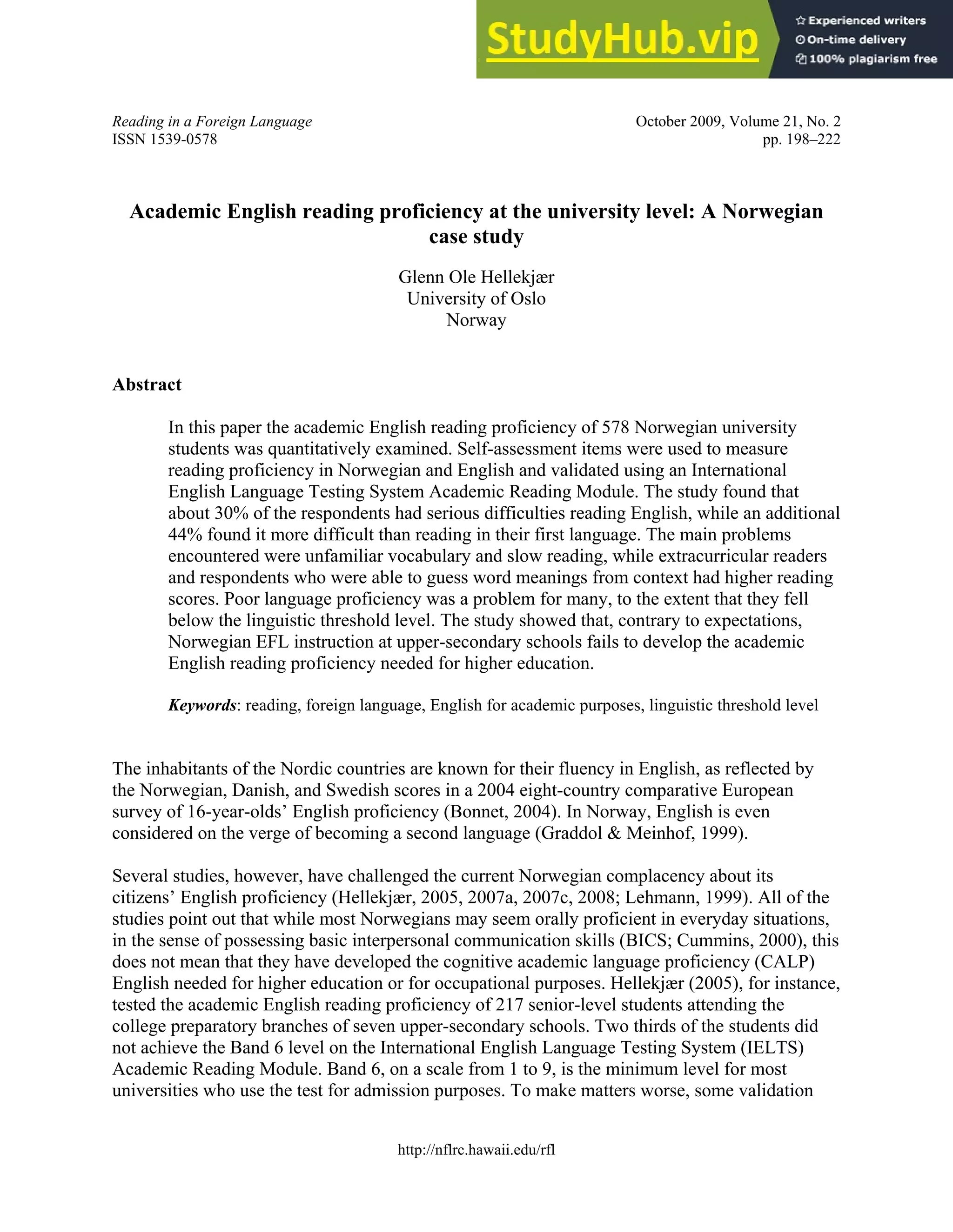 Academic English Reading Proficiency At The University Level A ...