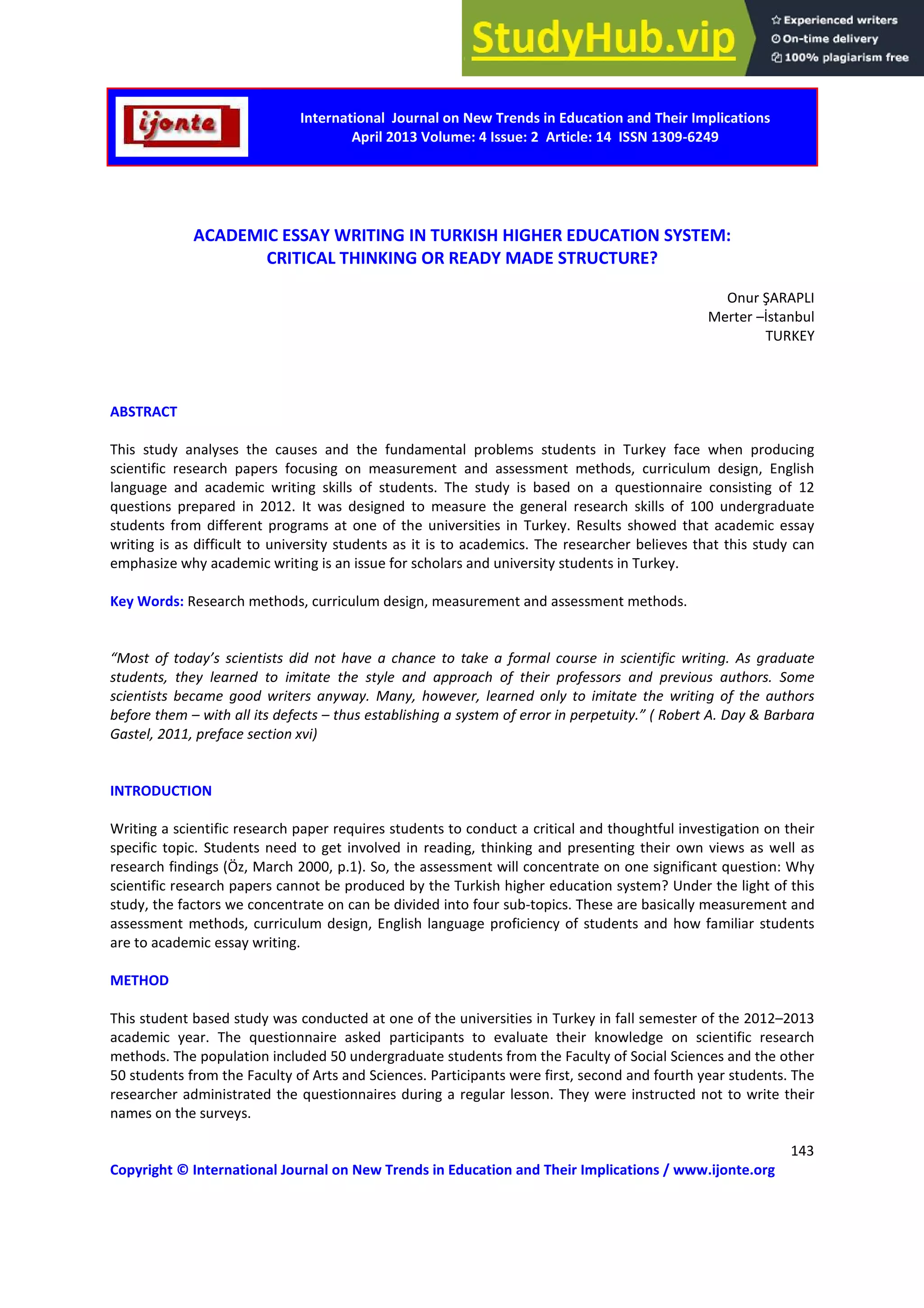 ACADEMIC ESSAY WRITING IN TURKISH HIGHER EDUCATION SYSTEM CRITICAL ...