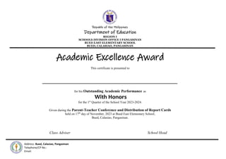 Certificate Of Academic Excellence Award Deped