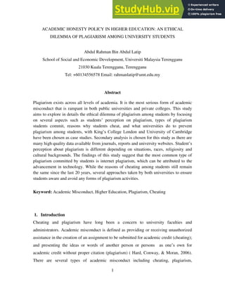 ACADEMIC HONESTY POLICY IN HIGHER EDUCATION AN ETHICAL DILEMMA OF ...