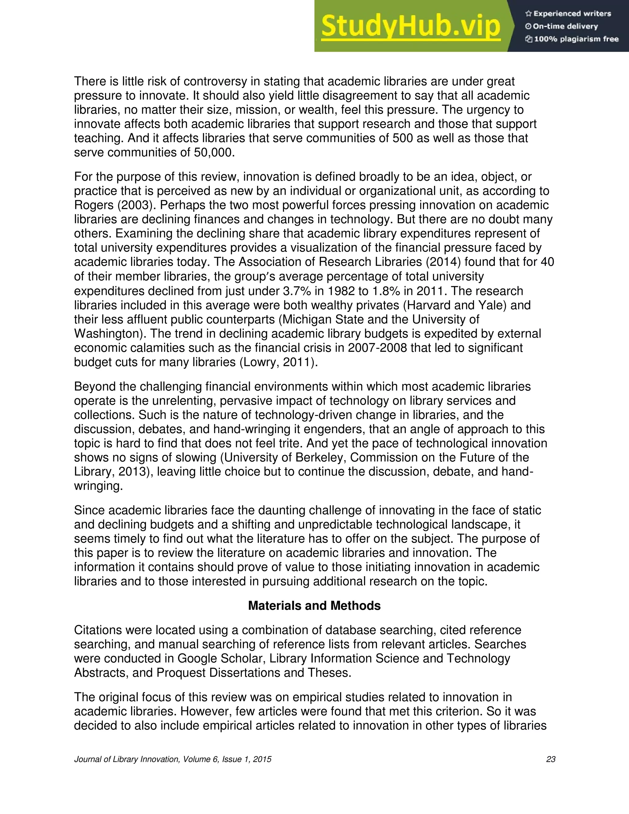 Academic Libraries And Innovation A Literature Review | PDF