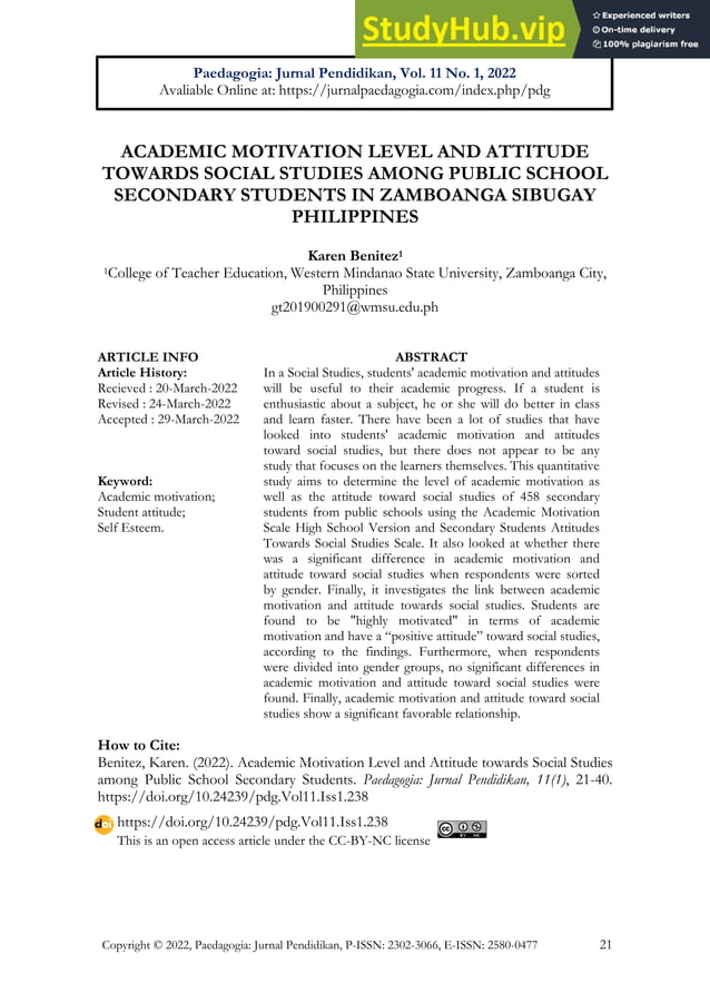 Academic Motivation Level And Attitude Towards Social Studies Among ...