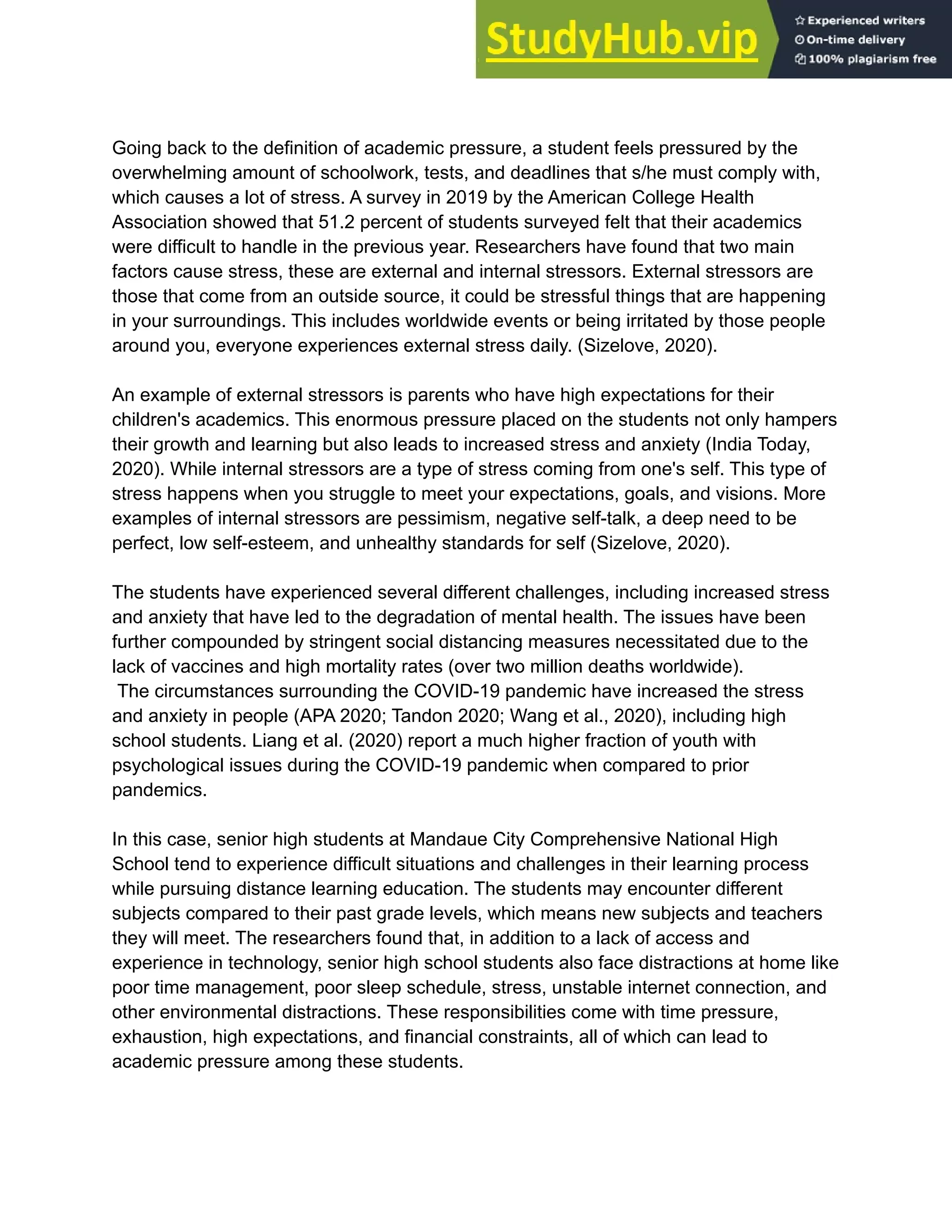 ACADEMIC PRESSURE EXPERIENCES OF SENIOR HIGH STUDENTS PURSUING DISTANCE ...