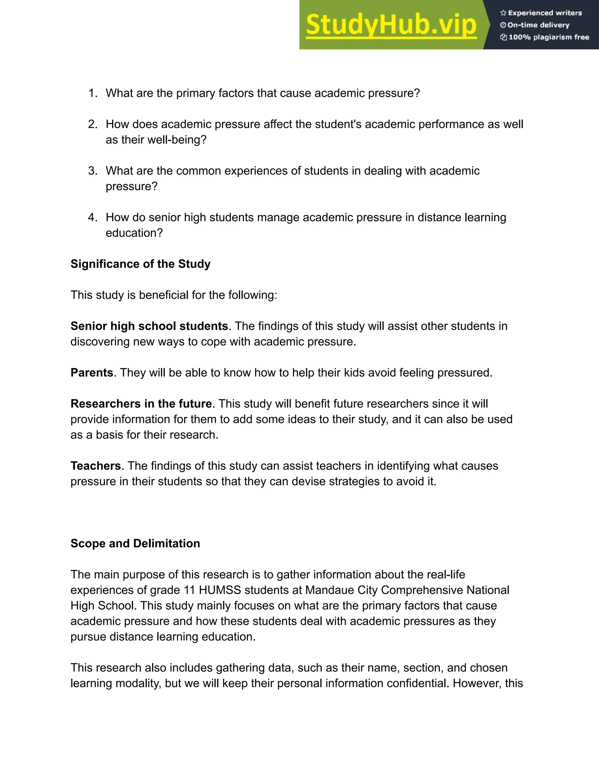 ACADEMIC PRESSURE EXPERIENCES OF SENIOR HIGH STUDENTS PURSUING DISTANCE ...