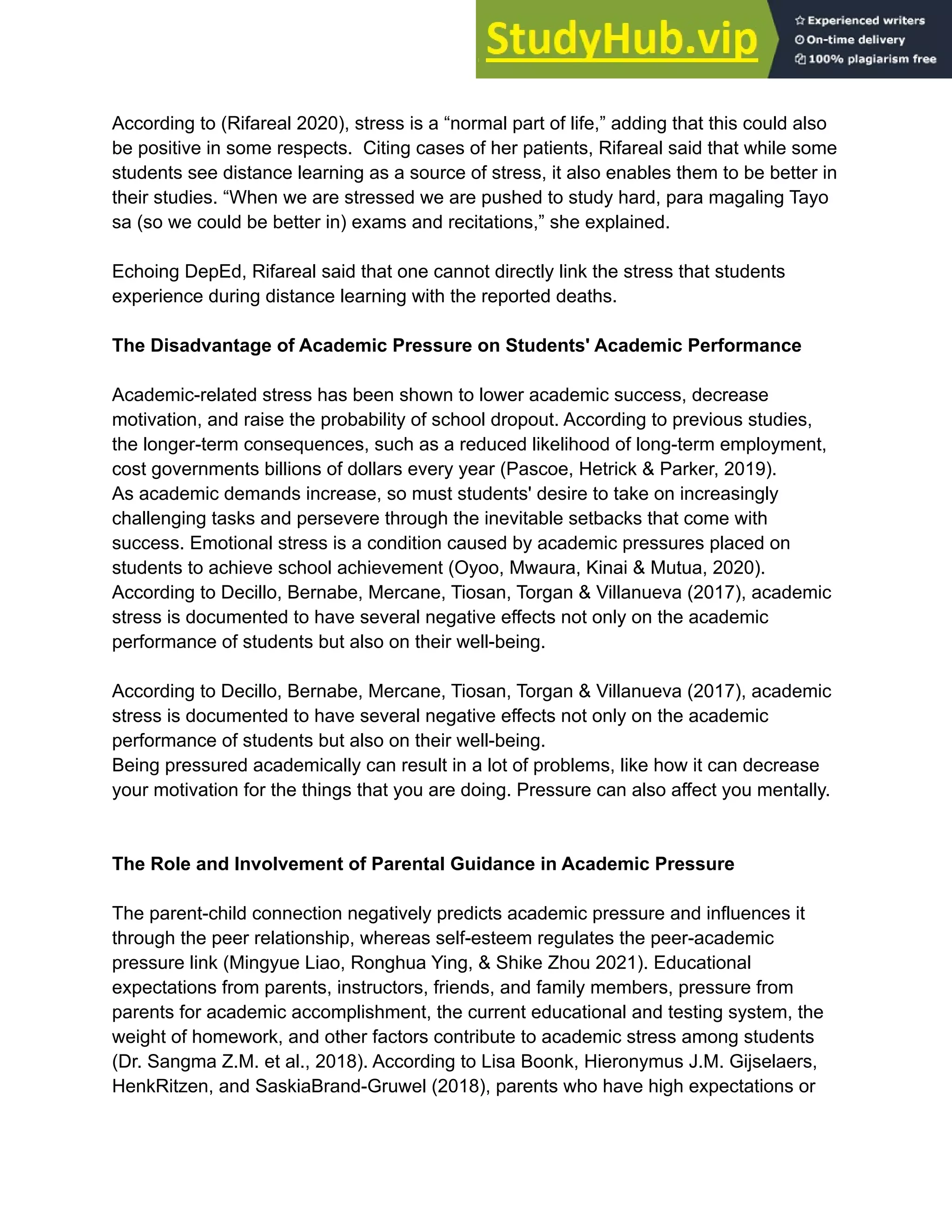 ACADEMIC PRESSURE EXPERIENCES OF SENIOR HIGH STUDENTS PURSUING DISTANCE ...