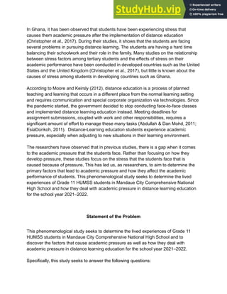 ACADEMIC PRESSURE EXPERIENCES OF SENIOR HIGH STUDENTS PURSUING DISTANCE ...