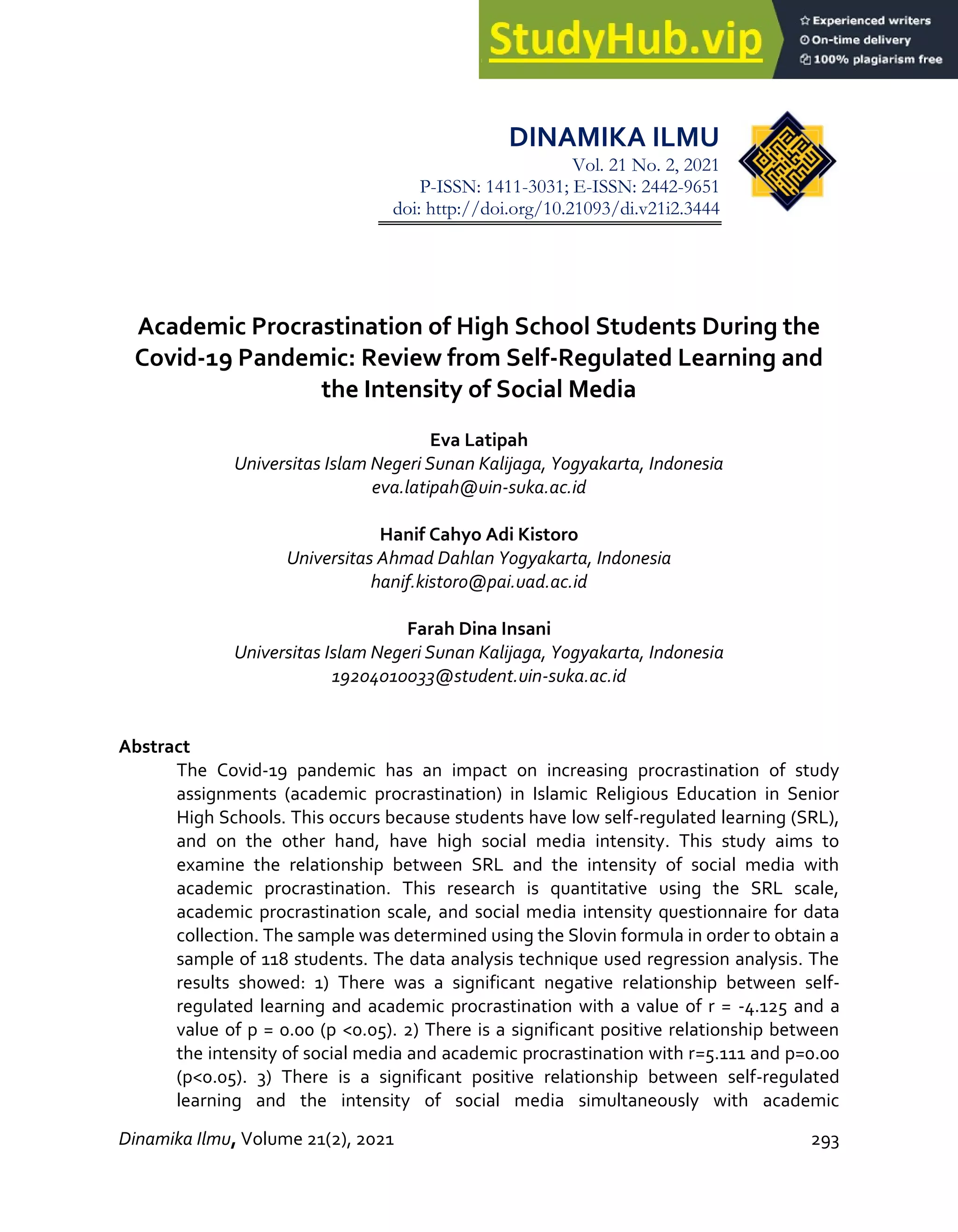 Academic Procrastination Of High School Students During The Covid-19 Pandemic Review From Self ...