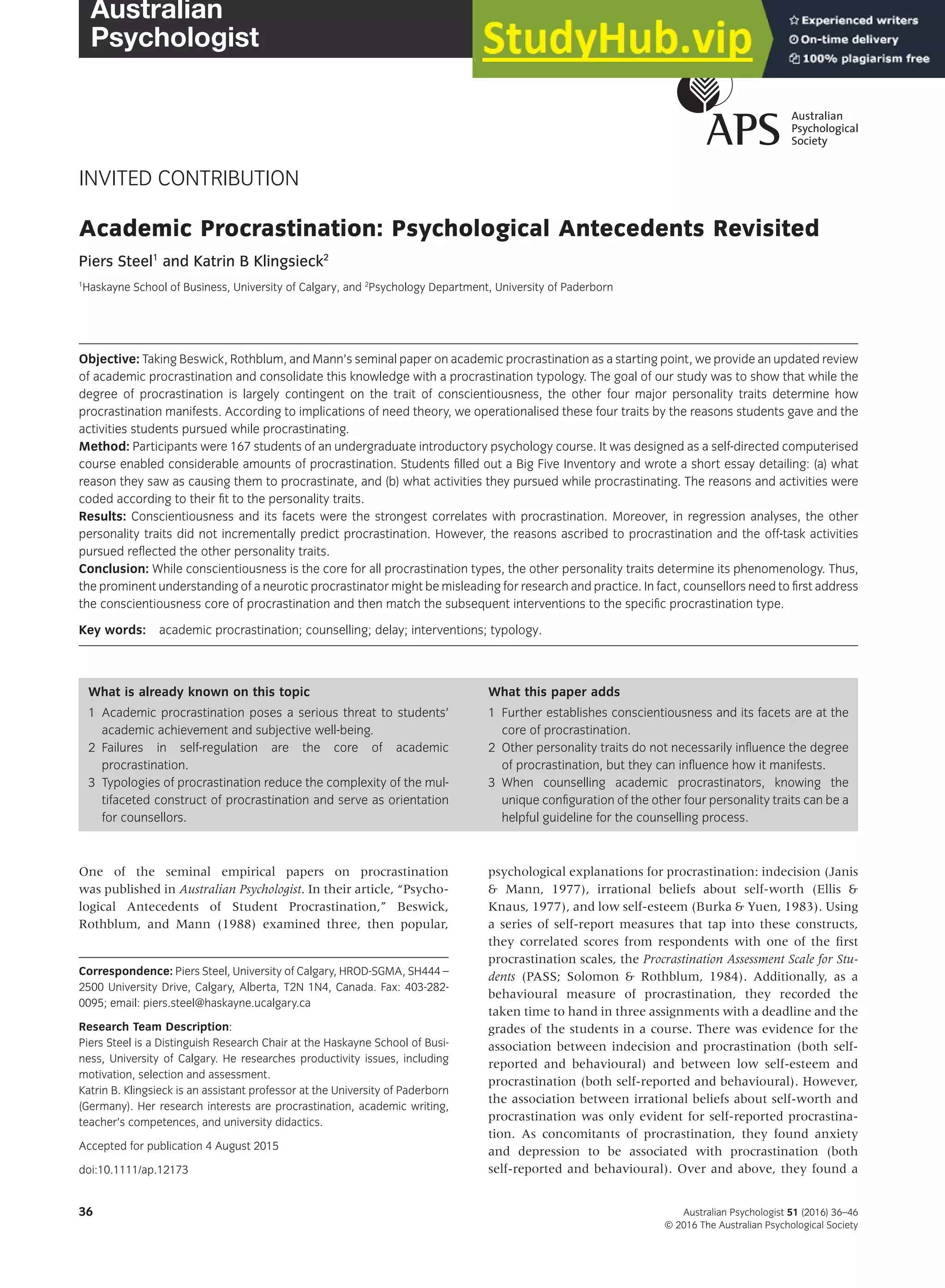 Academic Procrastination Psychological Antecedents Revisited | PDF