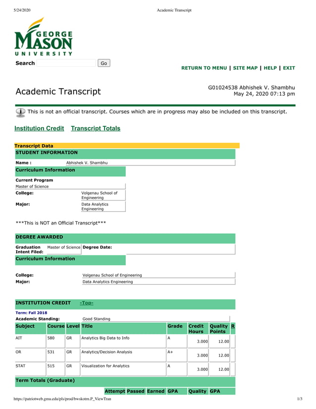 GMU Masters Academic Transcript | PDF