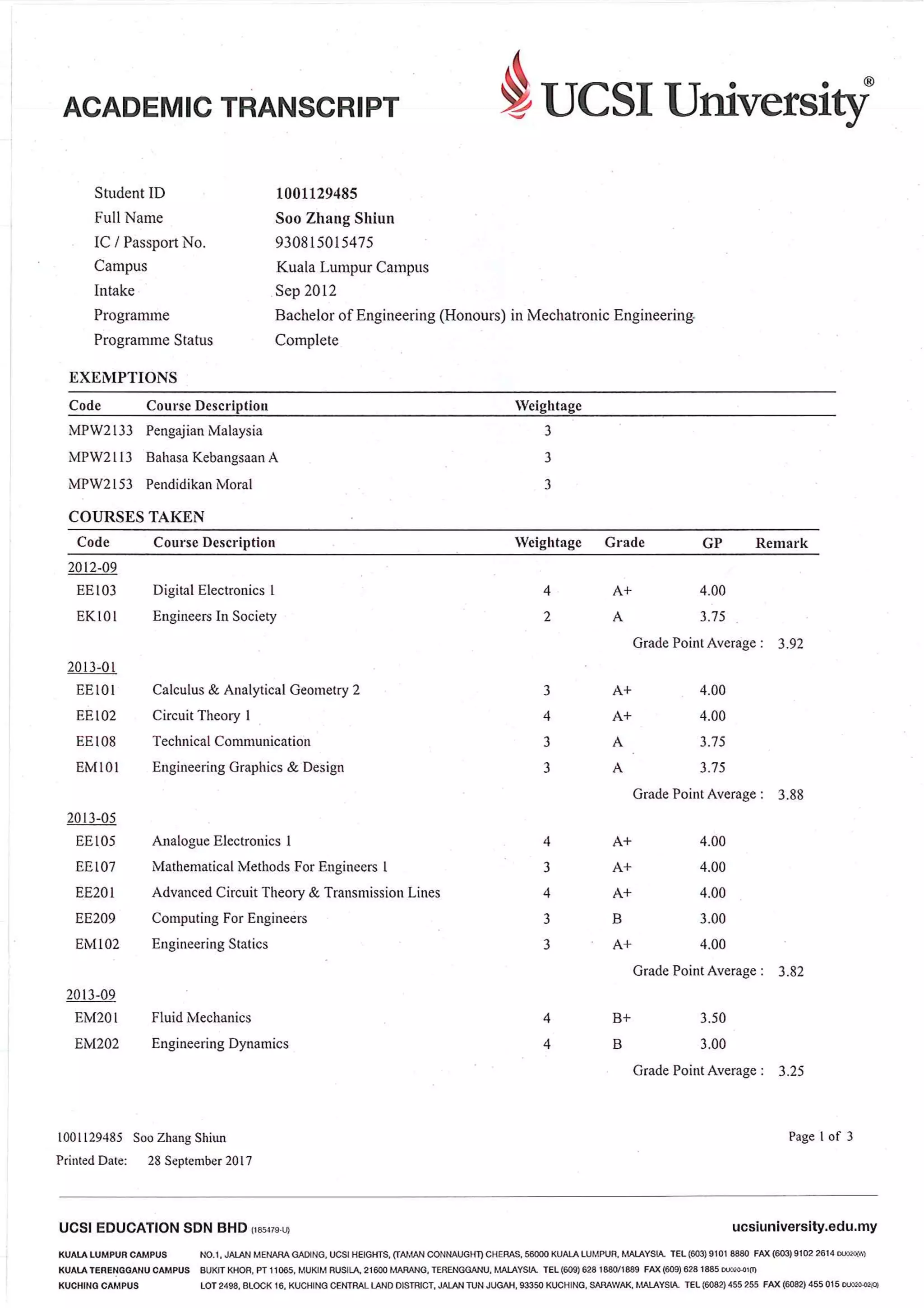 Academic Transcript-Soo Zhang Shiun | PDF