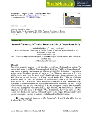 Academic Vocabulary In Tourism Research Articles A Corpus-Based Study ...