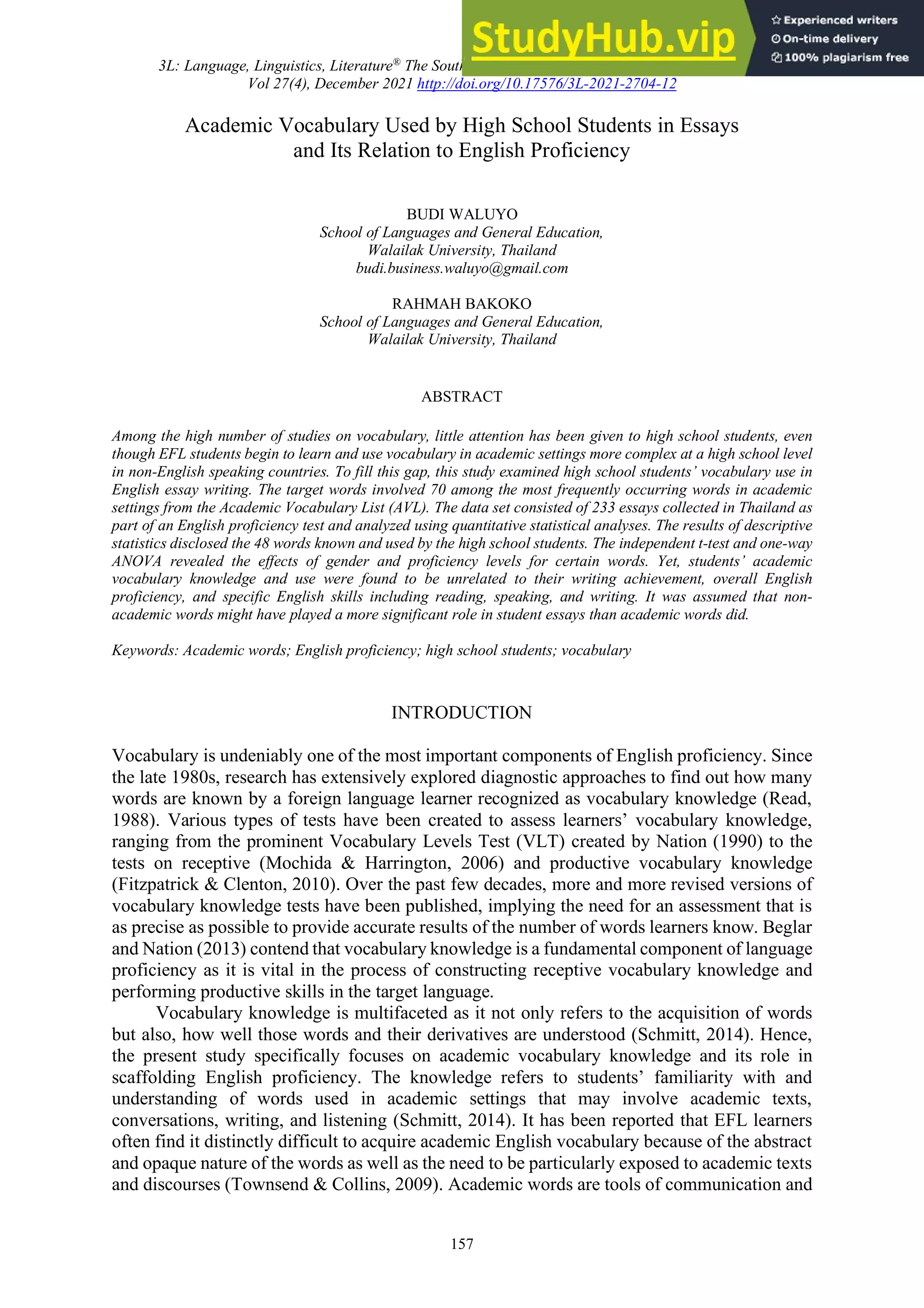 Academic Vocabulary Used By High School Students In Essays And Its ...