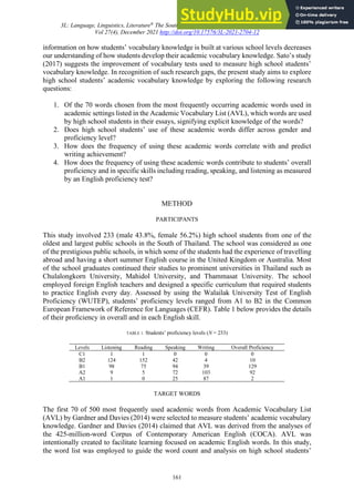 Academic Vocabulary Used By High School Students In Essays And Its ...