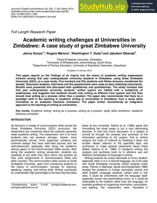 Academic writing challenges at Universities in Zimbabwe A case study of ...