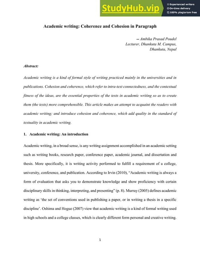 Academic Writing Coherence And Cohesion In Paragraph | PDF