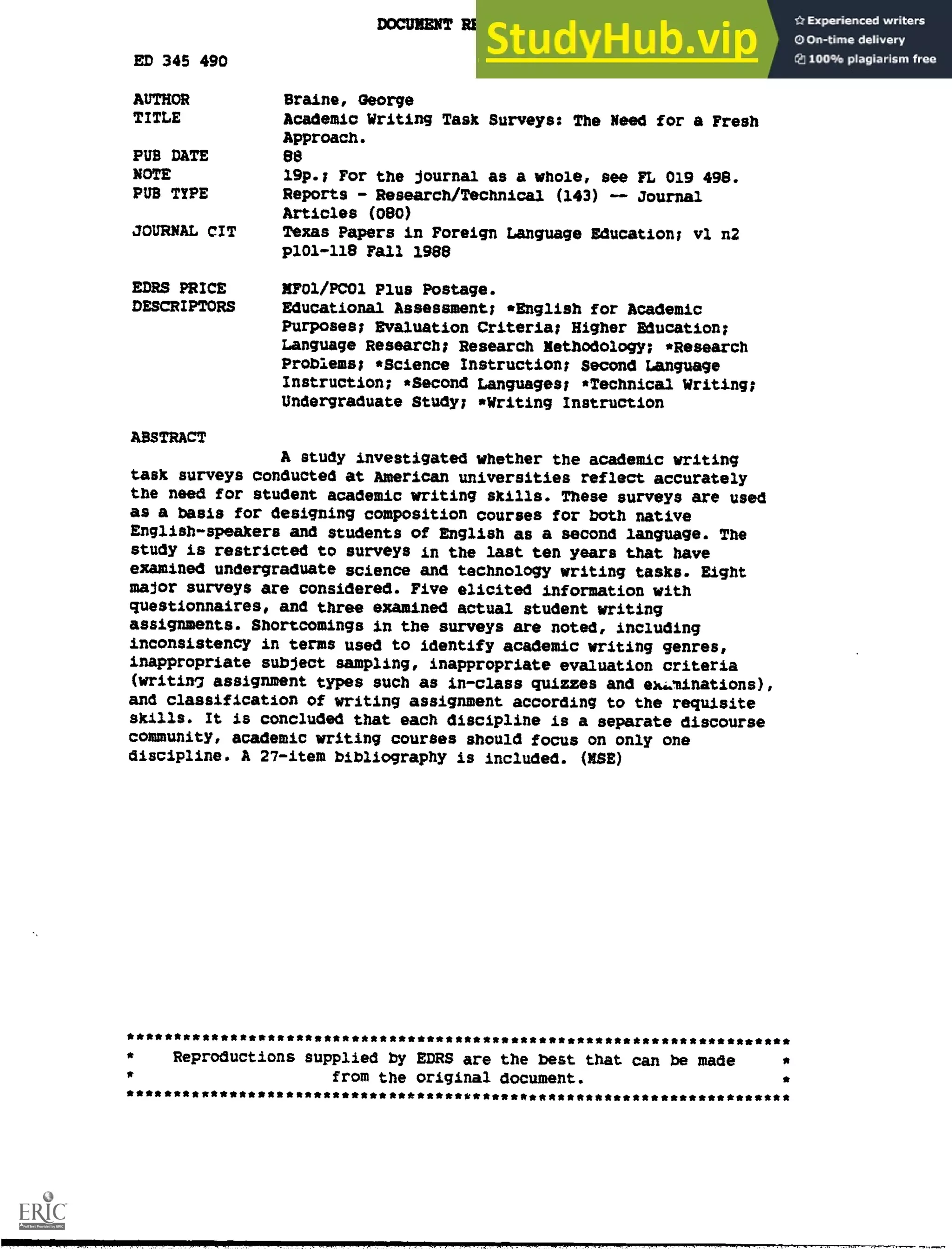 Academic Writing Task Surveys The Need For A Fresh Approach | PDF