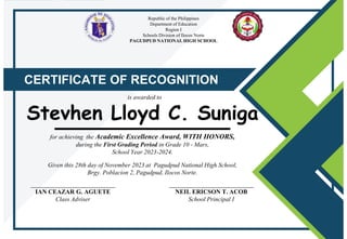 ACADEMIC EXCELLENCE CERTIFICATE FOR QUARTER AWARDS | PPTX