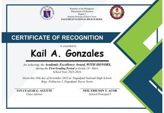 ACADEMIC EXCELLENCE CERTIFICATE FOR QUARTER AWARDS | PPTX