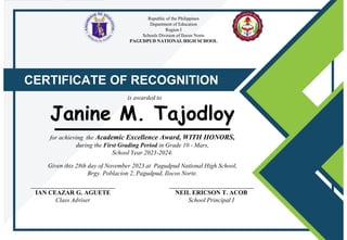 ACADEMIC EXCELLENCE CERTIFICATE FOR QUARTER AWARDS | PPTX