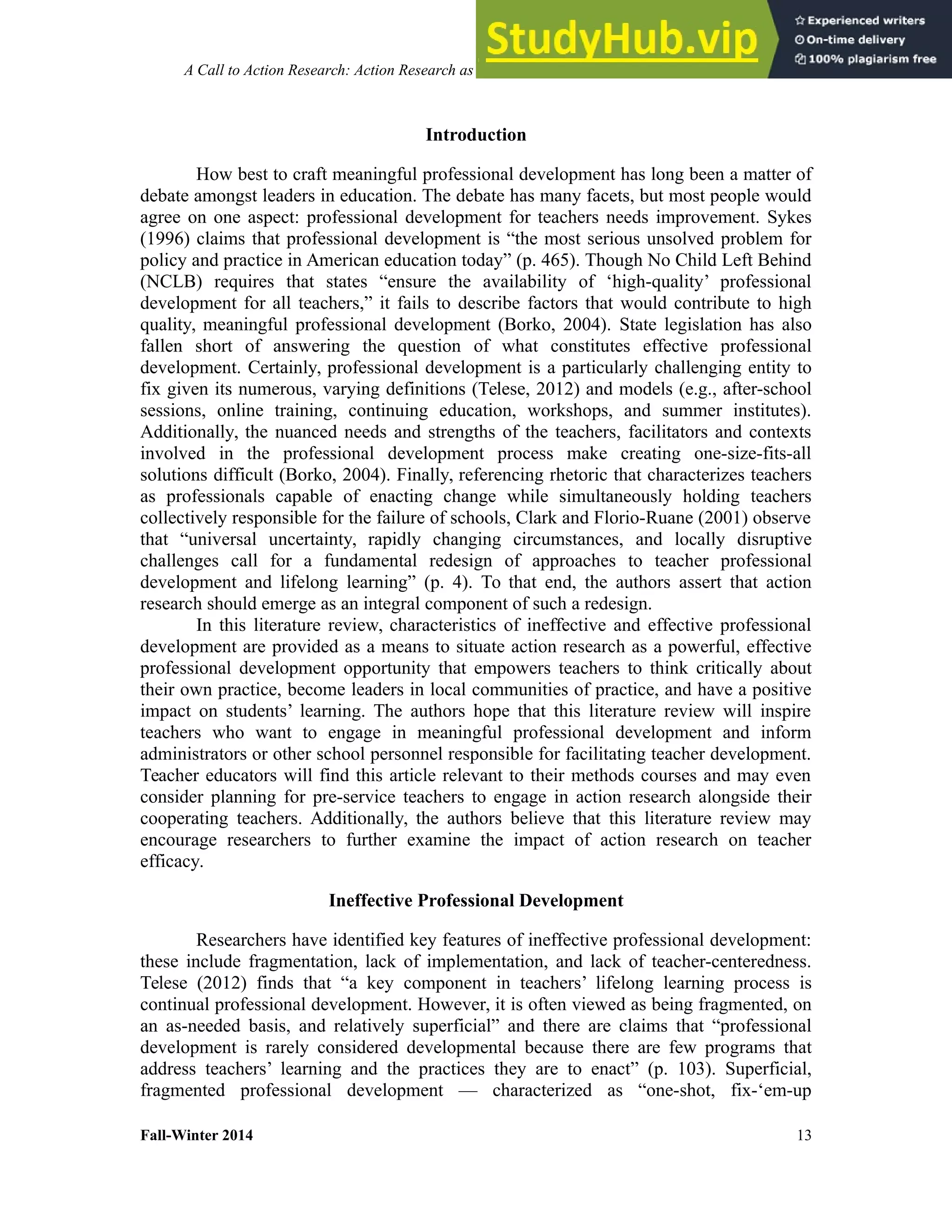 A Call To Action Action Research As An Effective Professional Development Model | PDF