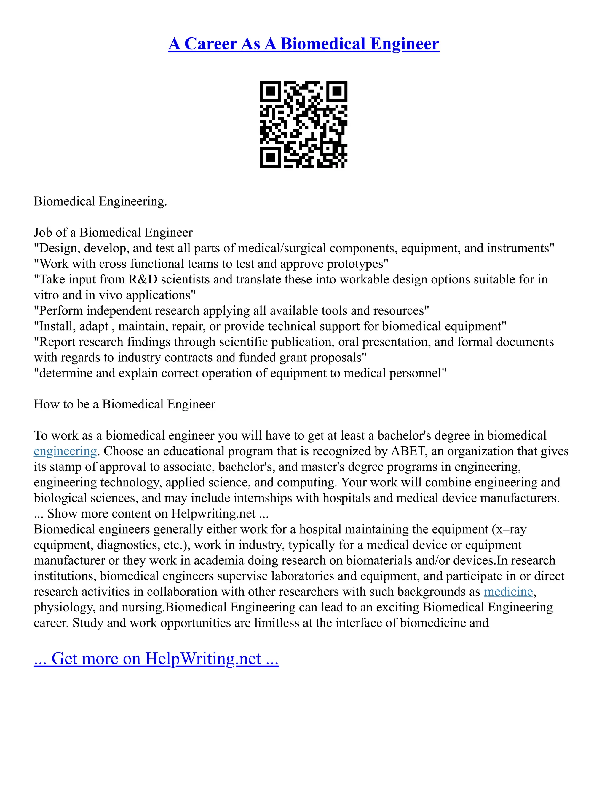 A Career As A Biomedical Engineer | PDF