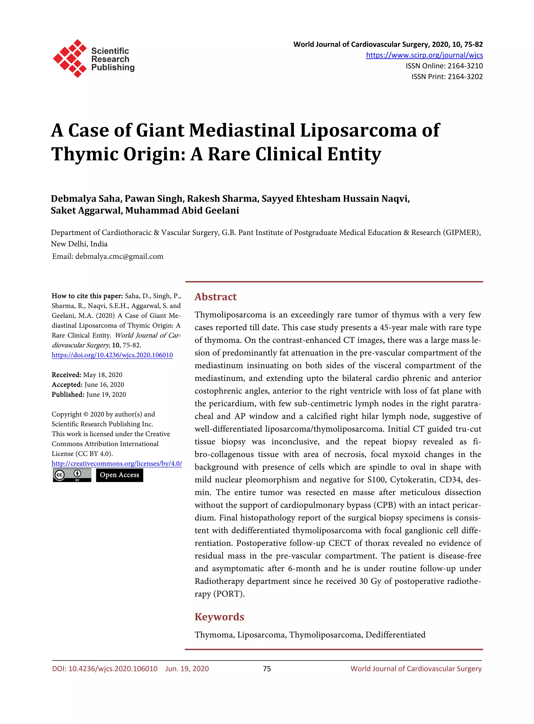 A case of giant mediastinal liposarcoma of thymic origin a rare clinical entity | PDF