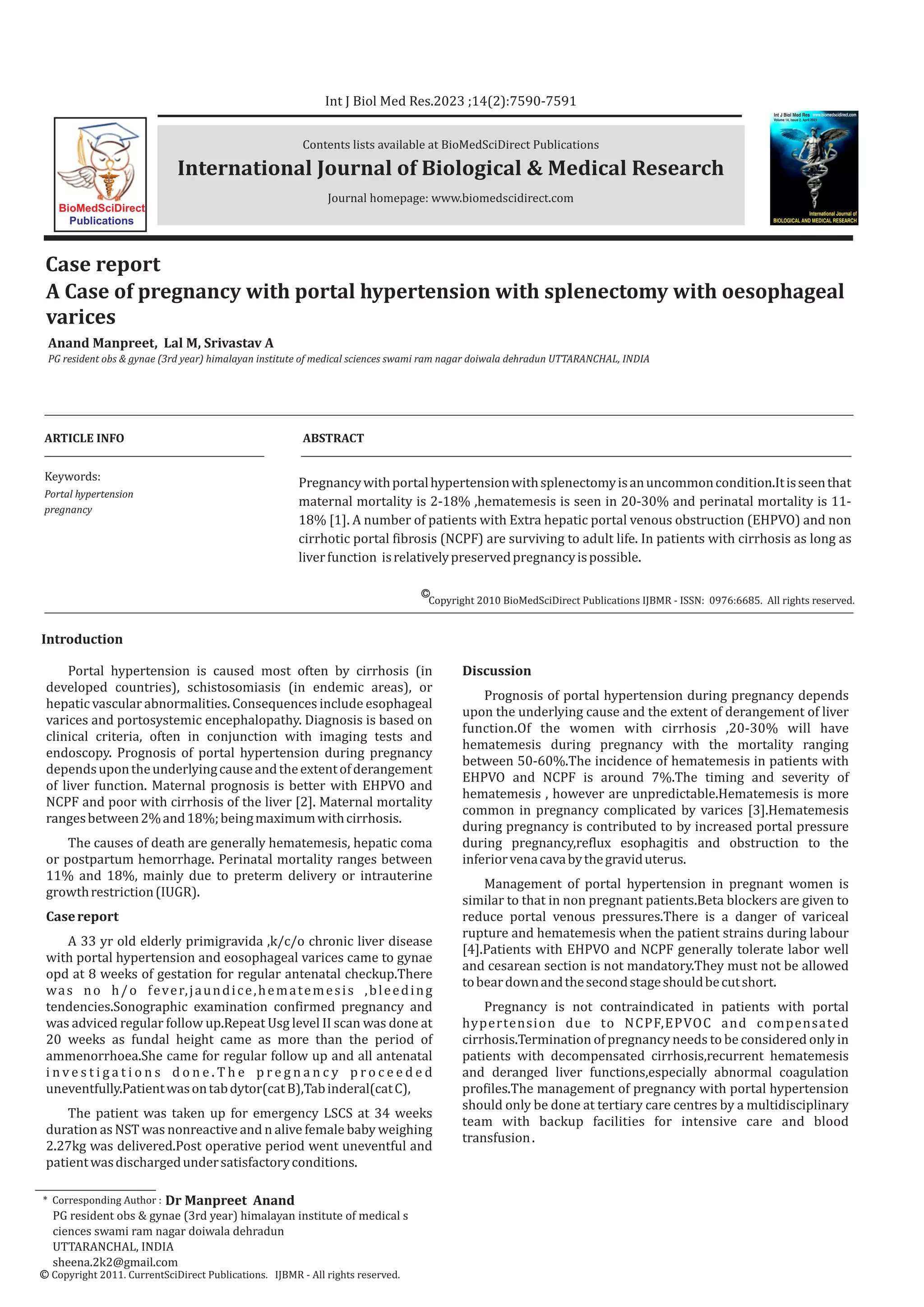 A case of pregnancy with portal hypertension with splenectomy with ...