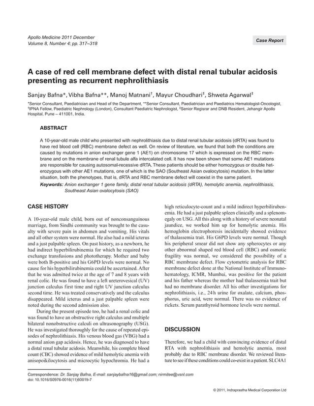 A case of red cell membrane defect with distal renal tubular acidosis ...