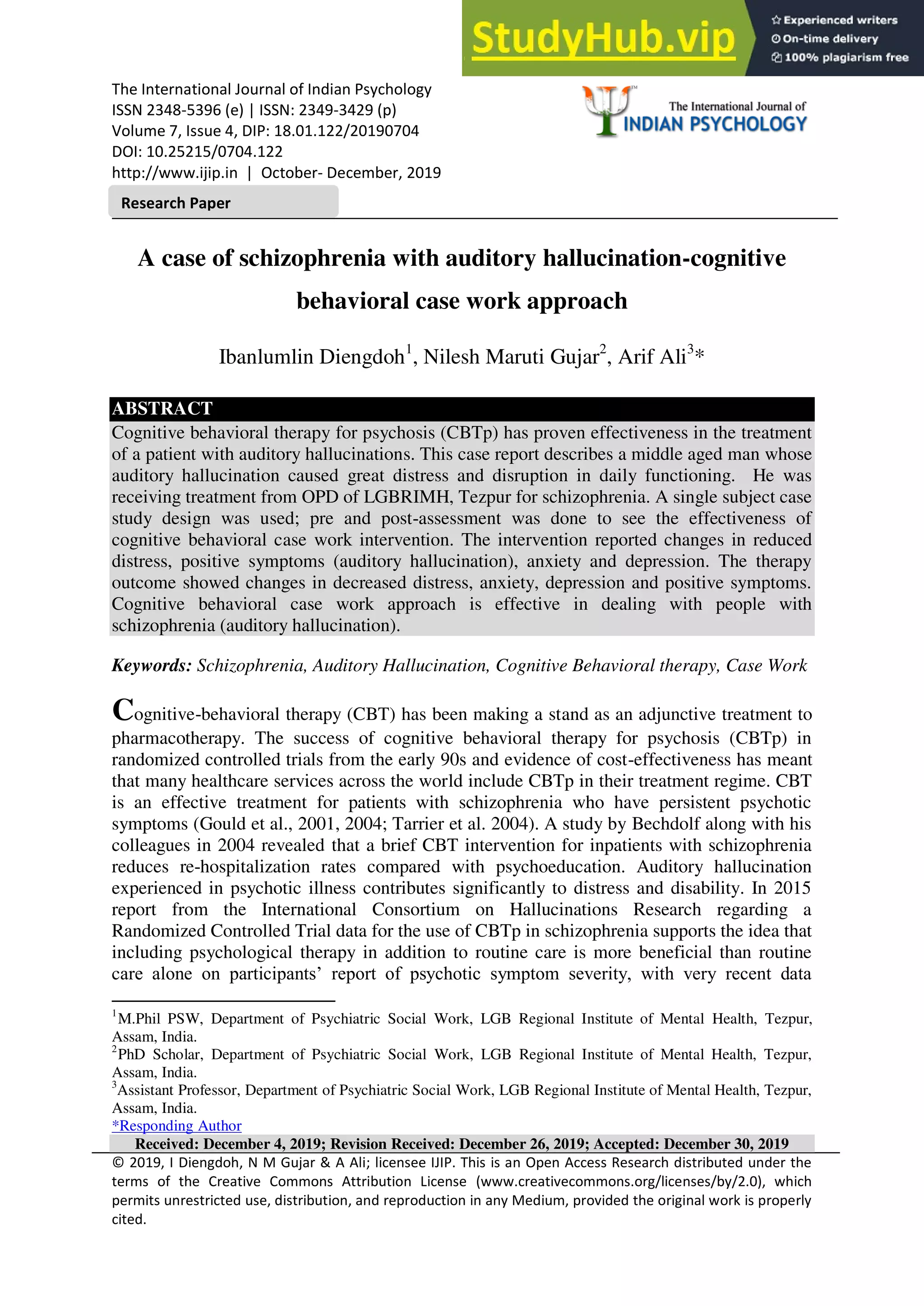 A Case Of Schizophrenia With Auditory Hallucination-Cognitive Behavioral Case Work Approach | PDF