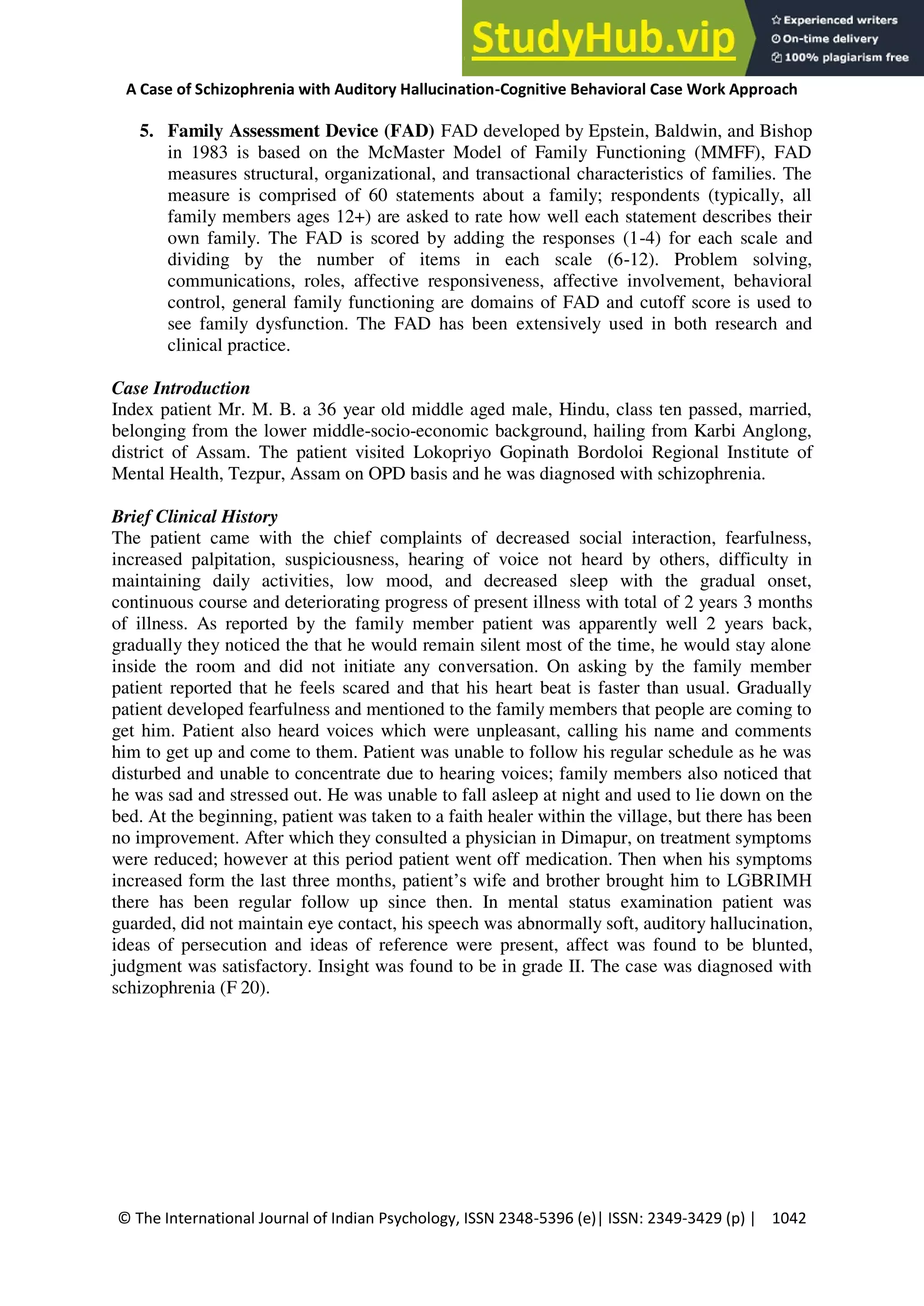 A Case Of Schizophrenia With Auditory Hallucination-Cognitive Behavioral Case Work Approach | PDF
