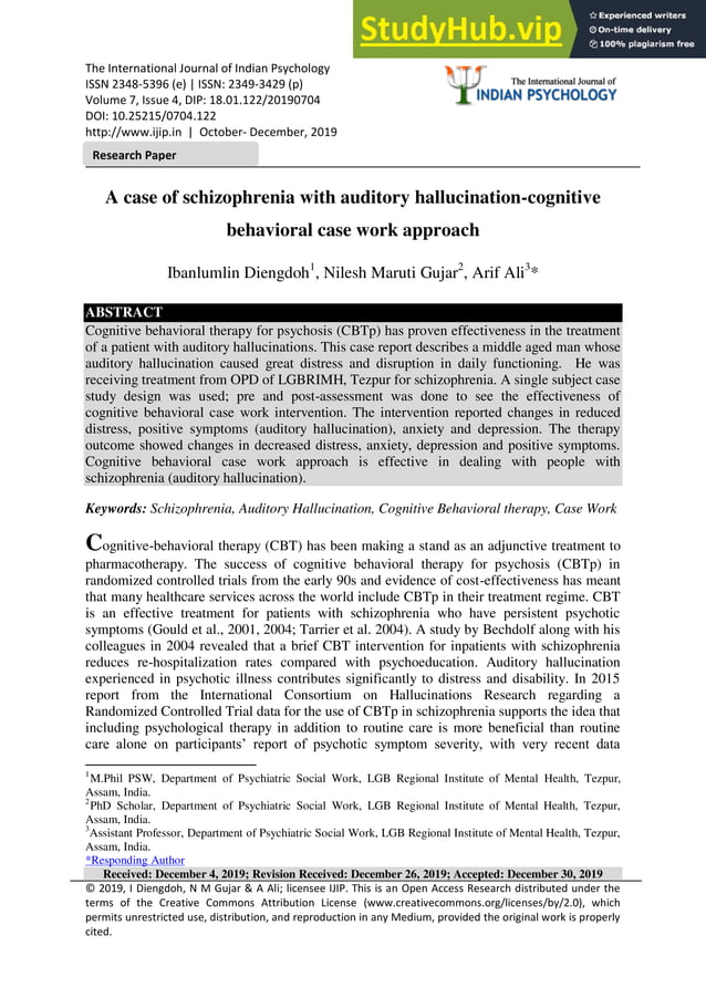 A Case Of Schizophrenia With Auditory Hallucination-Cognitive Behavioral Case Work Approach | PDF