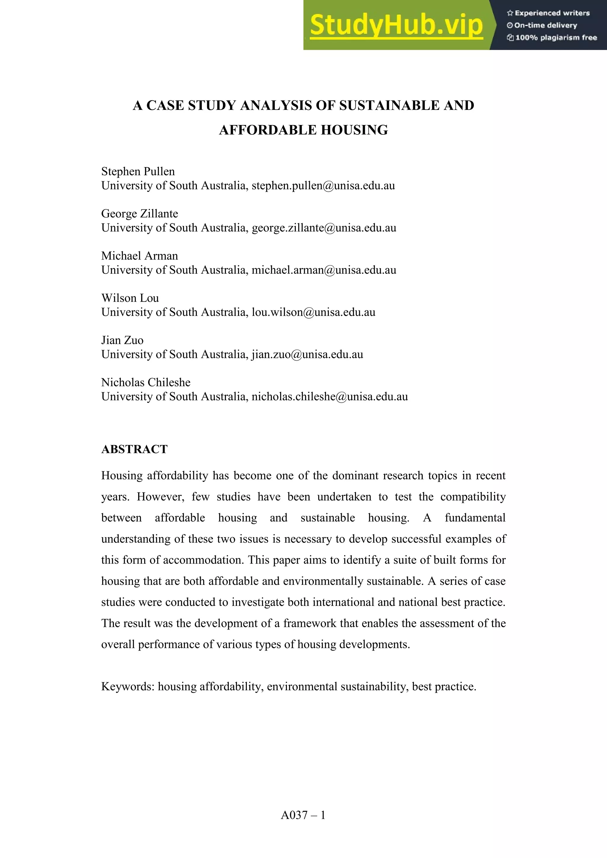 A CASE STUDY ANALYSIS OF SUSTAINABLE AND AFFORDABLE HOUSING | PDF