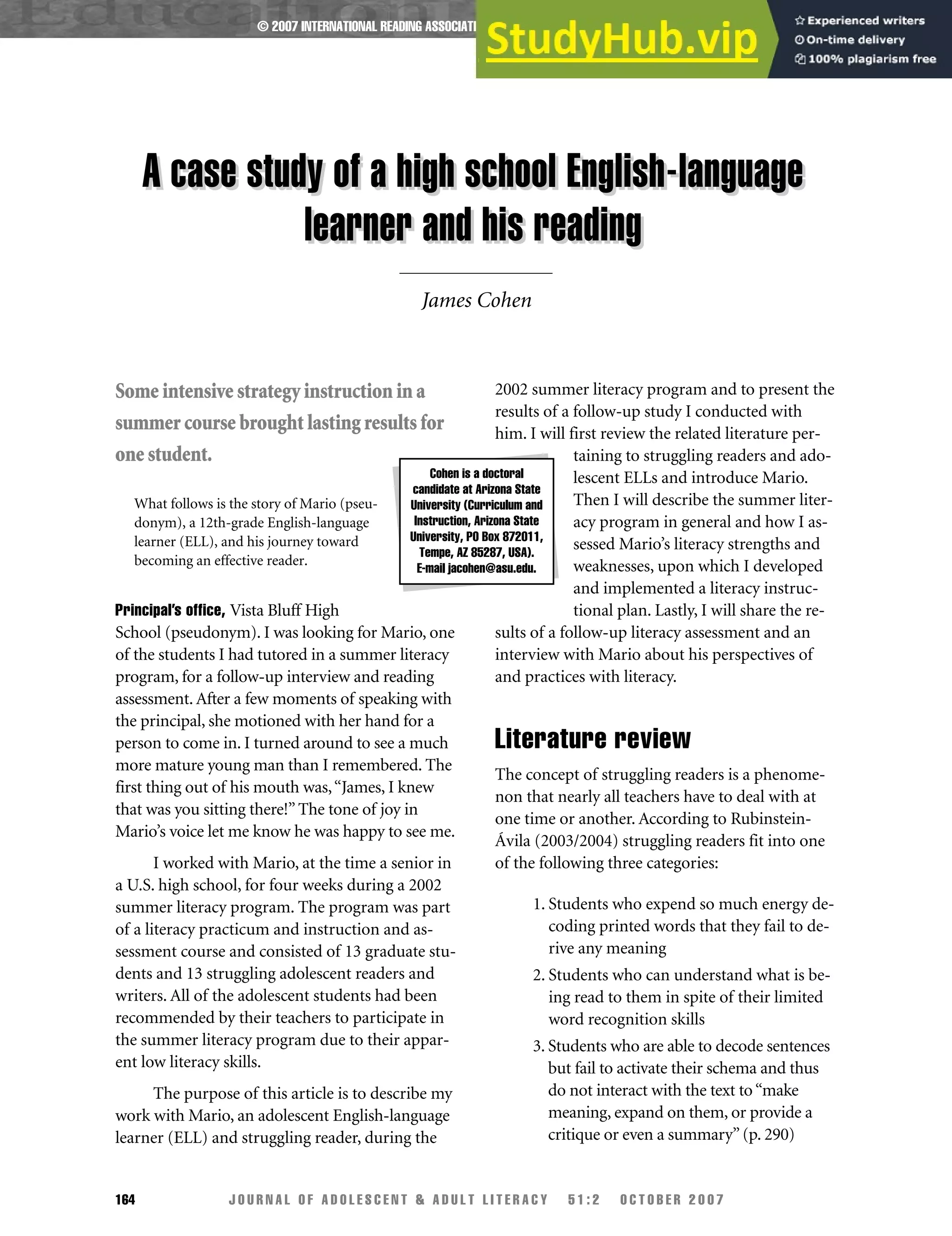 A Case Study Of An High School English Language Learner And His Reading ...