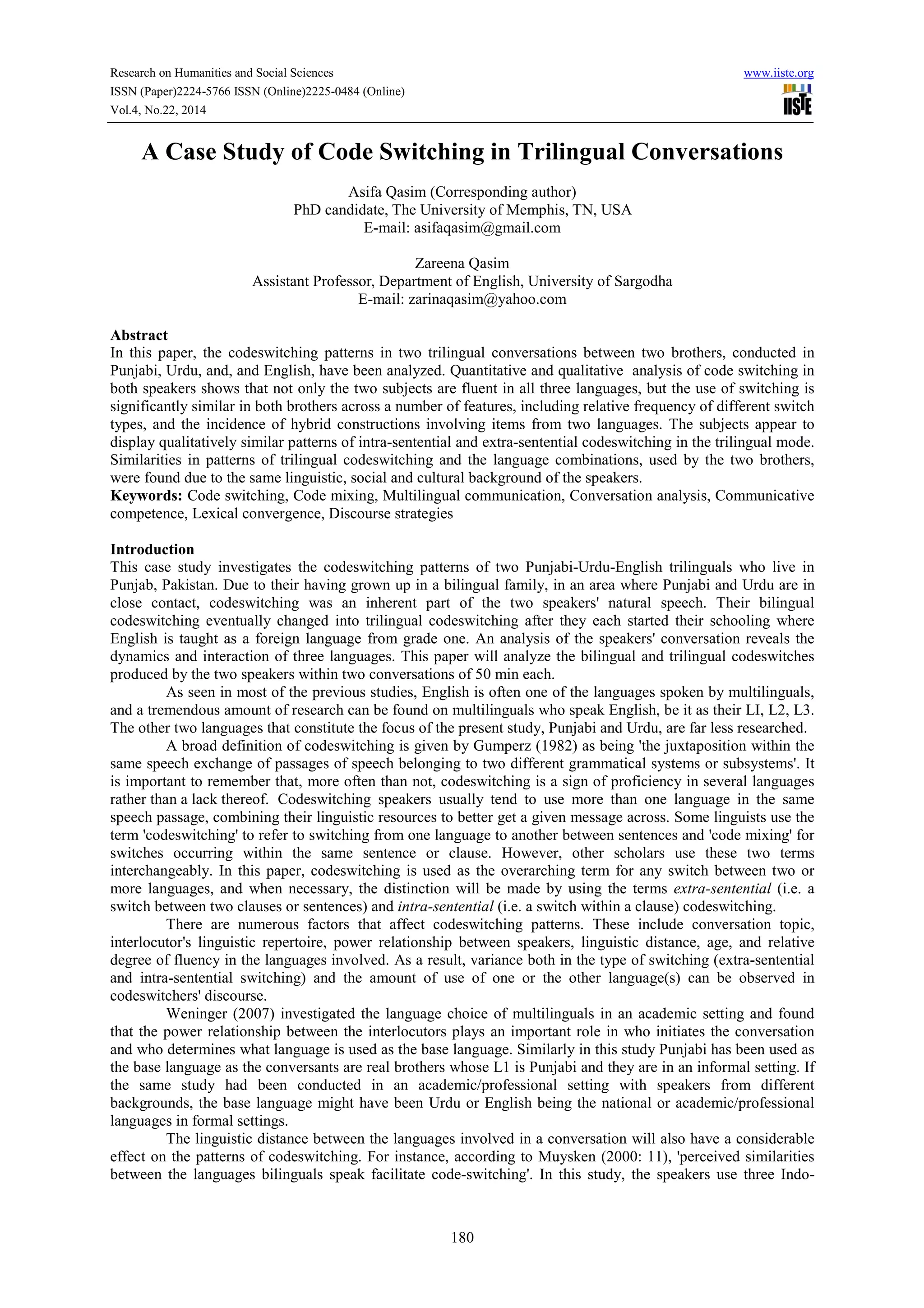 A case study of code switching in trilingual conversations | PDF