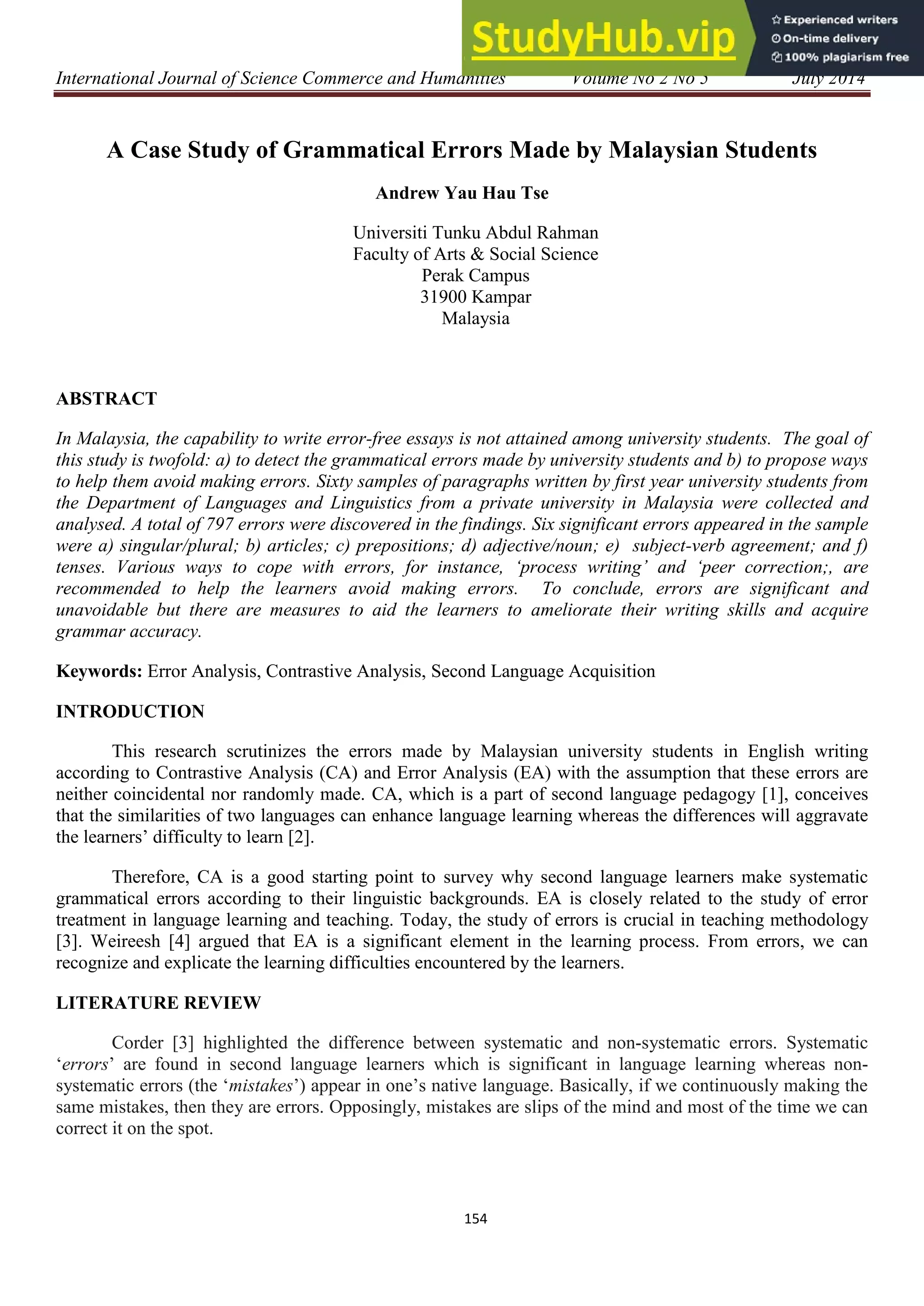 A Case Study Of Grammatical Errors Made By Malaysian Students | PDF