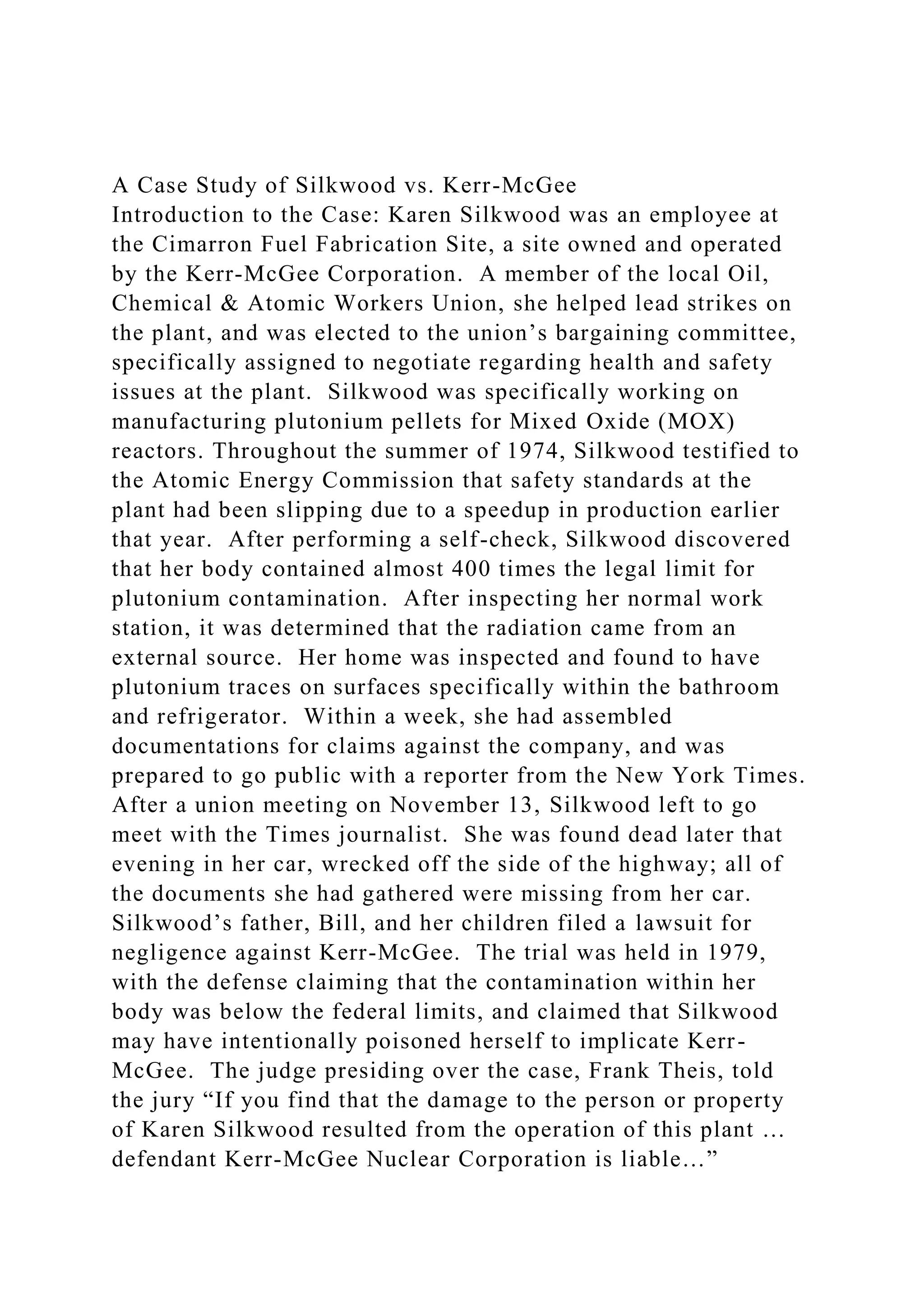 A Case Study of Silkwood vs. Kerr-McGeeIntroduction to the Case.docx