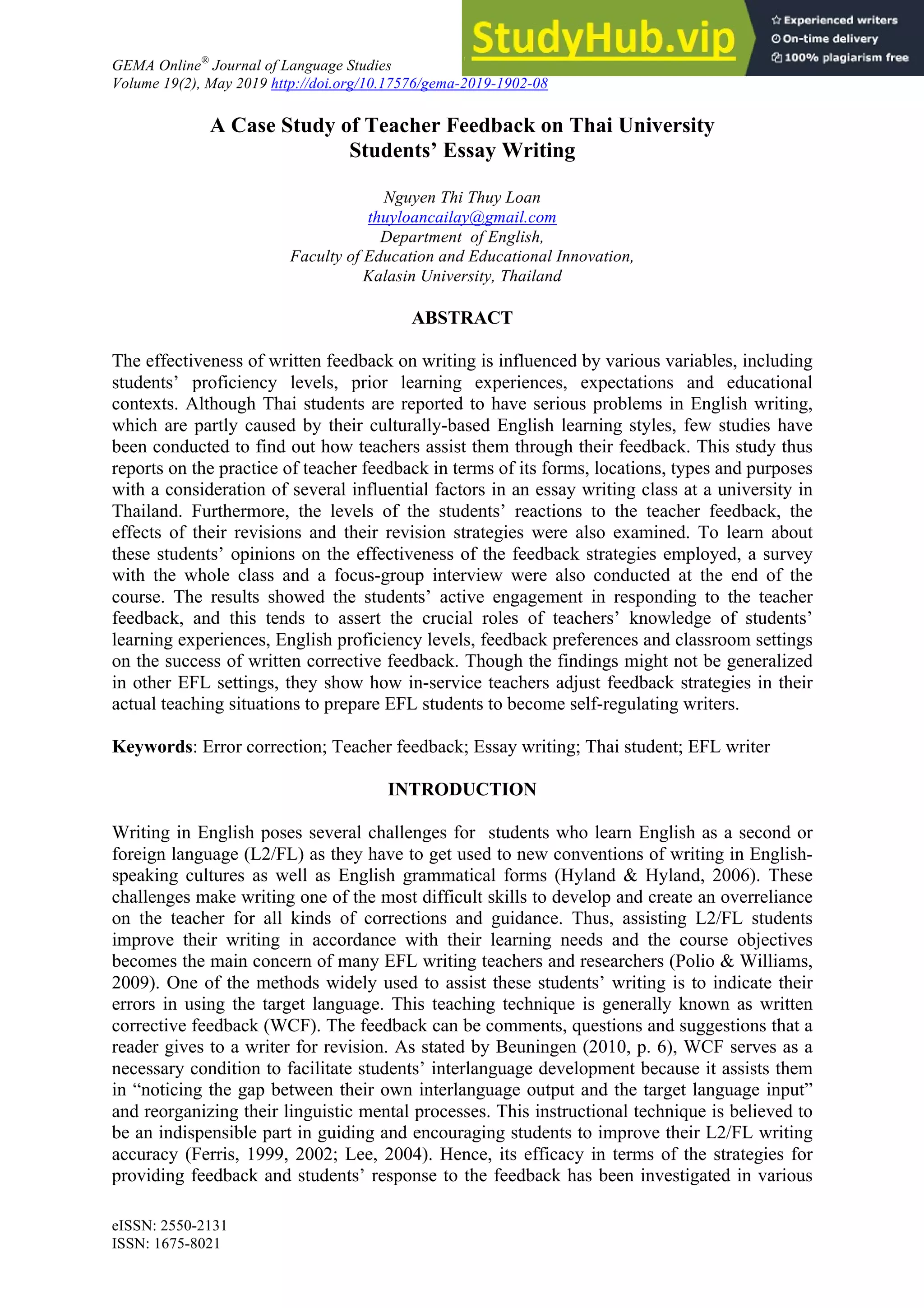 A Case Study Of Teacher Feedback On Thai University Students Essay ...