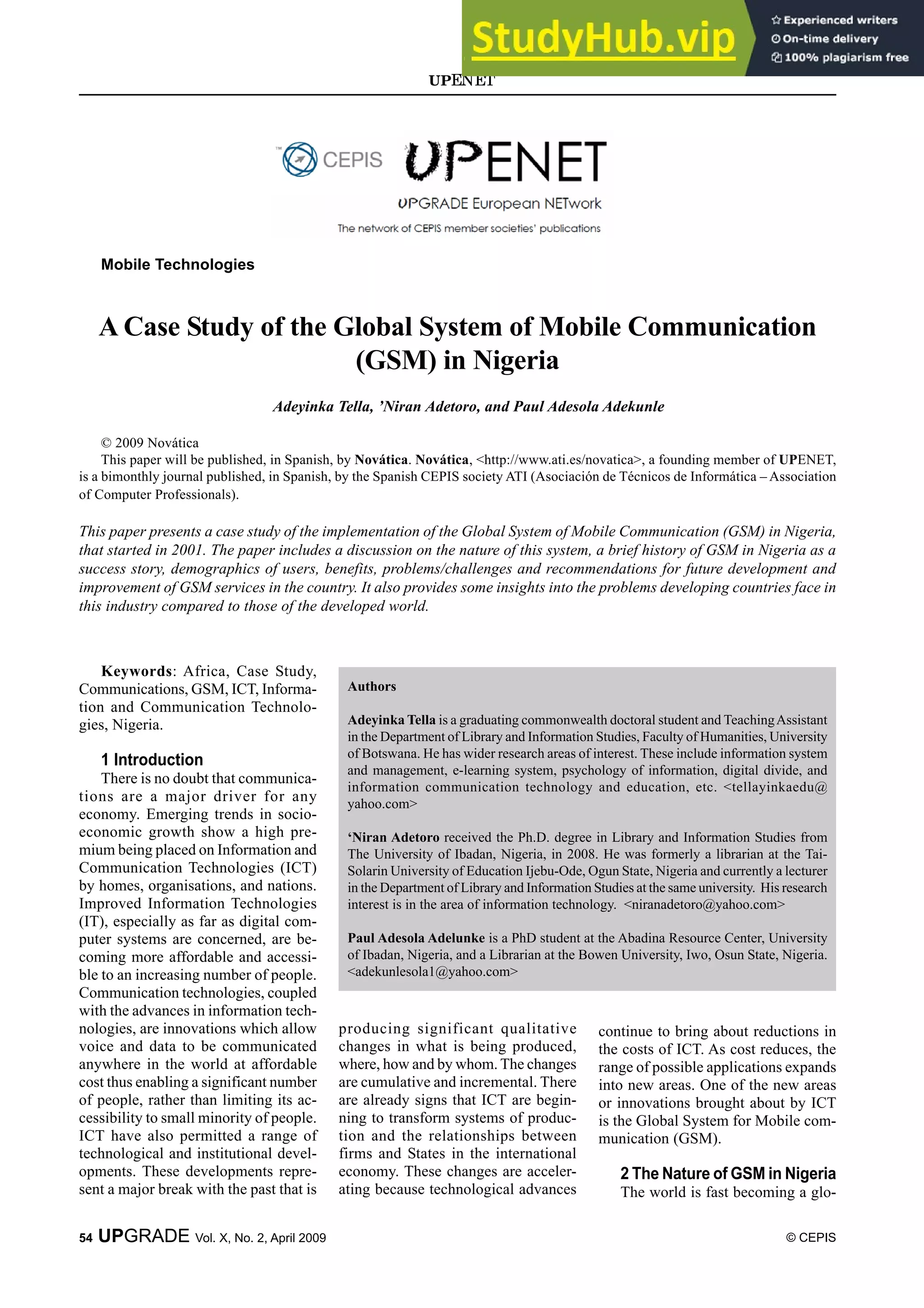 A Case Study Of The Global System Of Mobile Communication (GSM) In ...