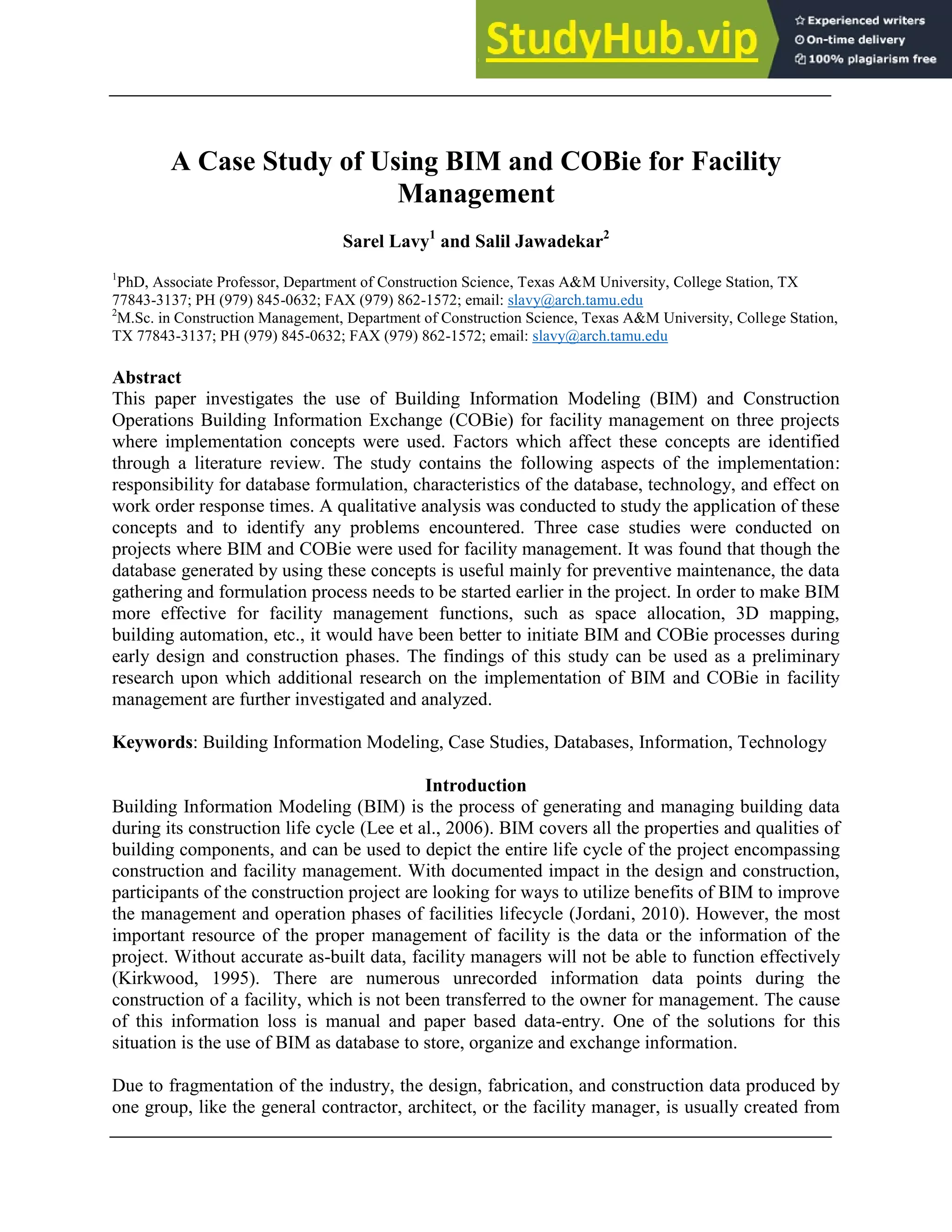 A Case Study Of Using BIM And COBie For Facility Management | PDF