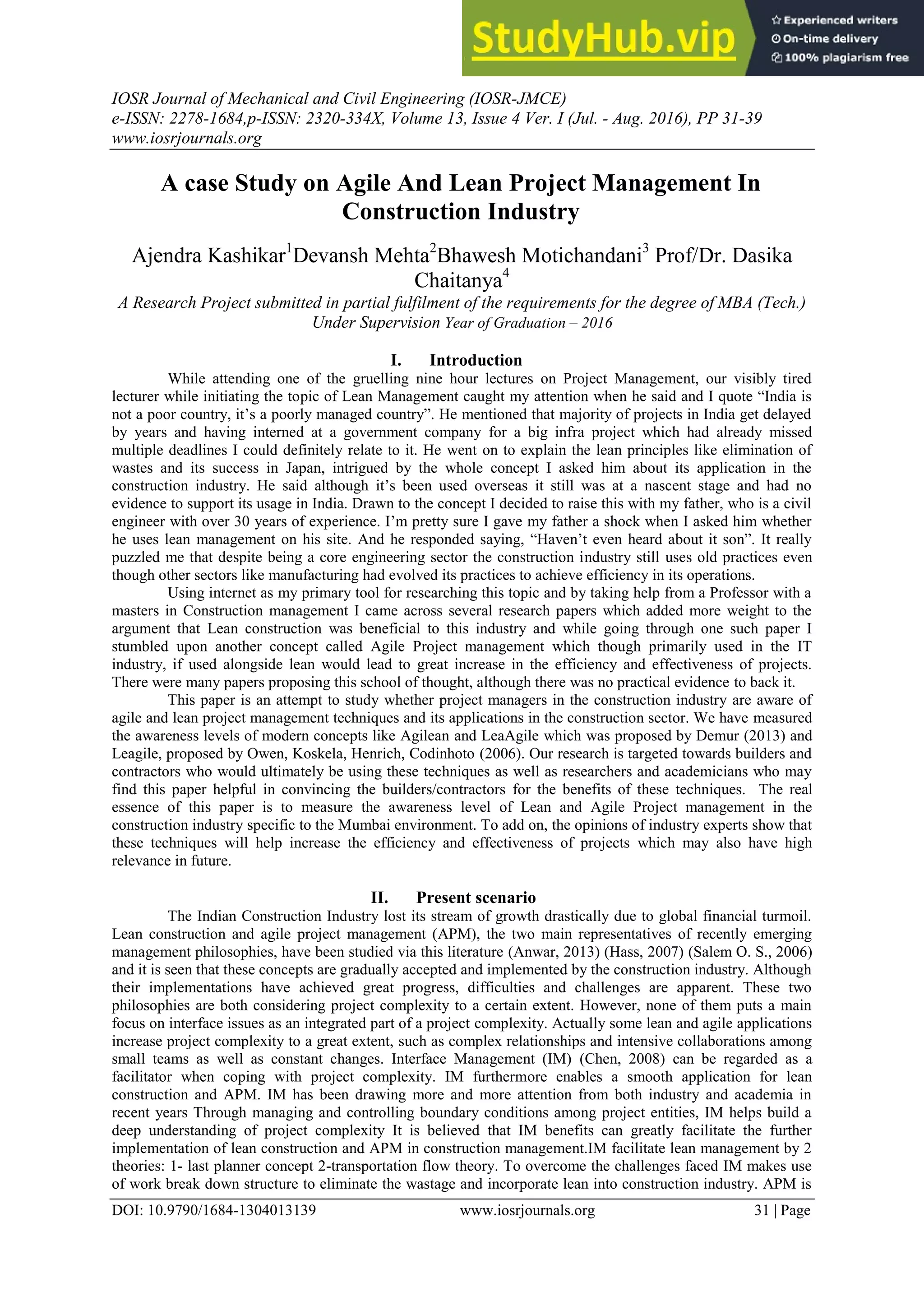 A Case Study On Agile And Lean Project Management In Construction ...