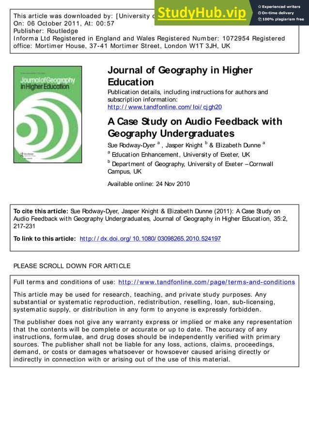 A Case Study On Audio Feedback With Geography Undergraduates | PDF