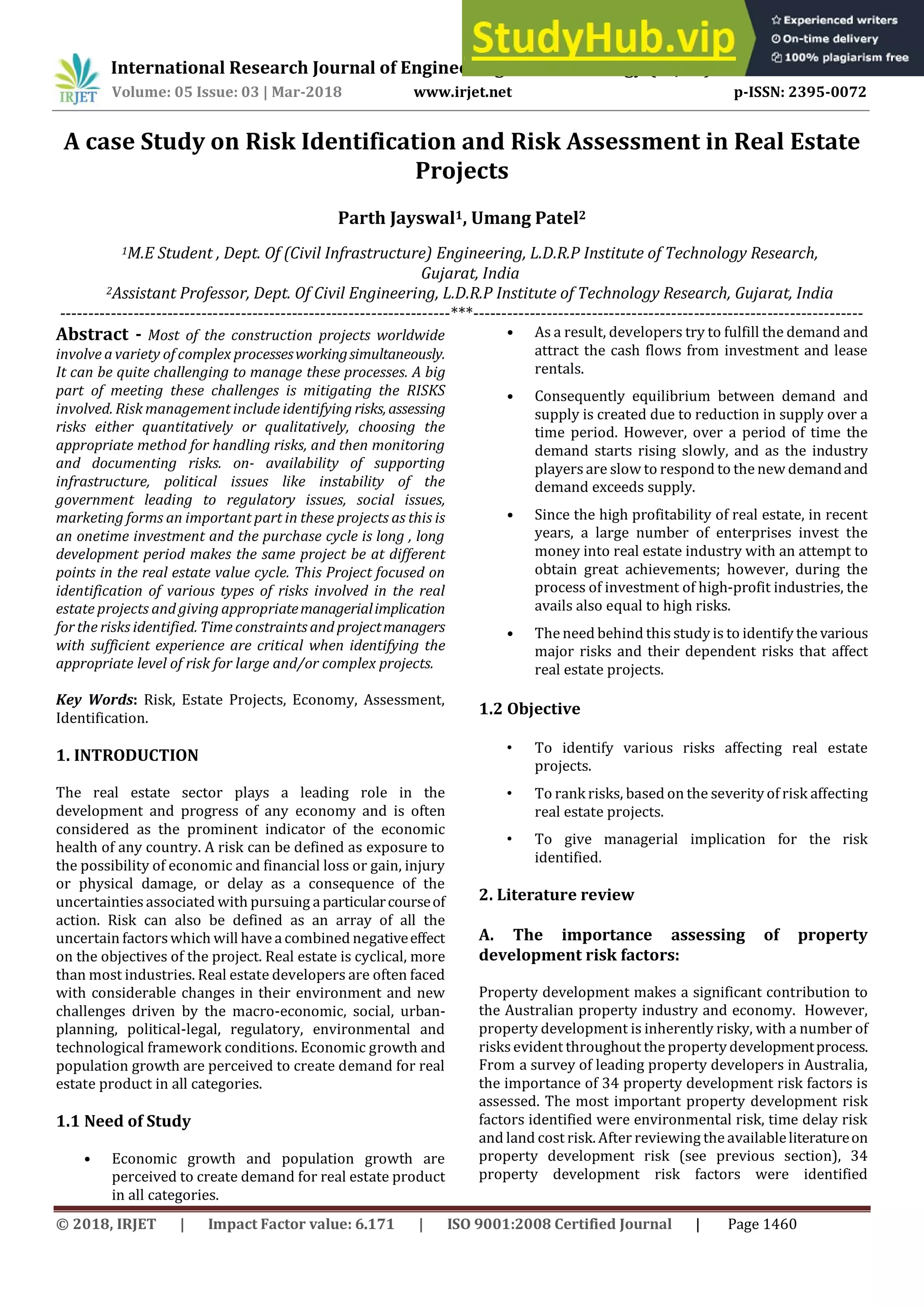 A Case Study On Risk Identification And Risk Assessment In Real Estate ...