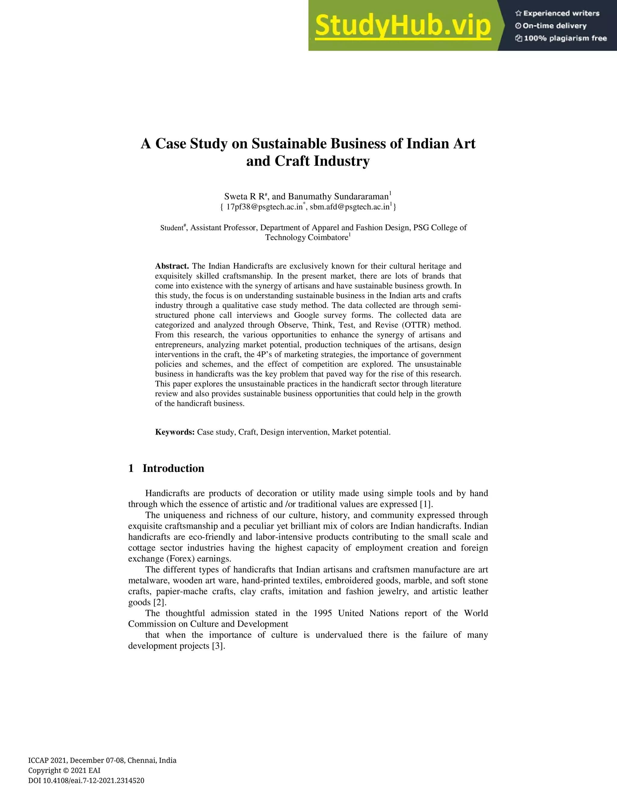 A Case Study On Sustainable Business Of Indian Art And Craft Industry | PDF